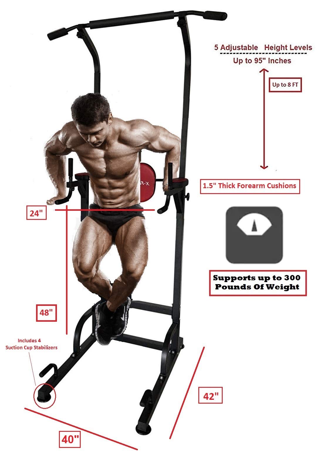 X-Factor Pull Up Station Chin Up Bar Dip Stand Heavy Duty 8.0 Power Tower Multi Function Home Gym Adjustable VKR Strength Training Fitness Equipment w Suction Cups