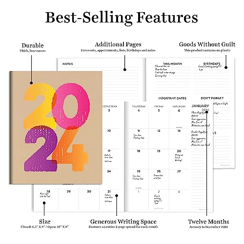 TF PUBLISHING 2024 Kraft Medium Monthly Planner | 2 Page Spreads | Large Calendar Grid and Planning Prompts | 12 Month Calendar for School and Work | Journal and Note Space | 6.5" x 8"