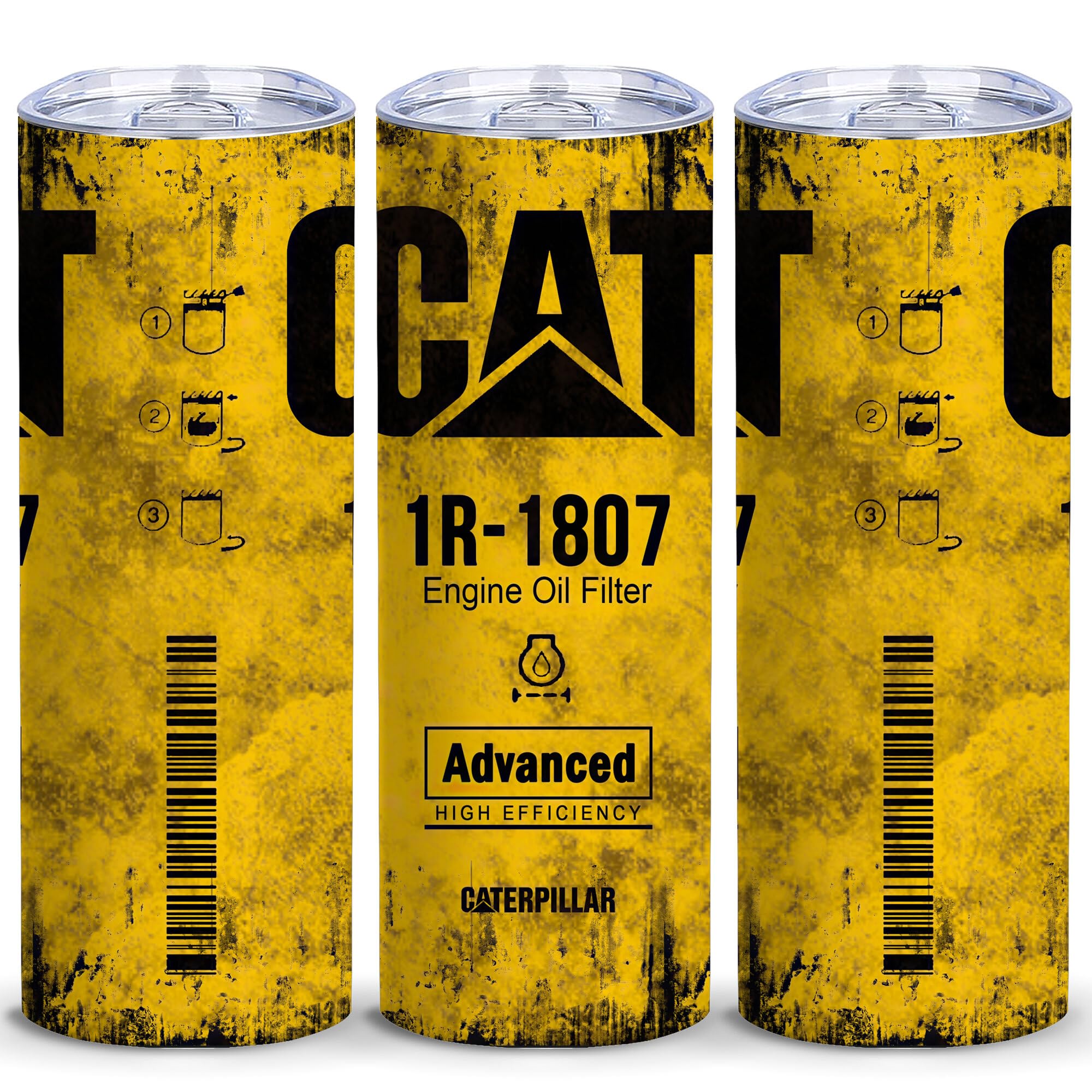 Unique Gifts For Men - Alfaro Yellow CAT 1R 1807 Engine Oil Filter Skinny Tumbler with Lid, Stainless Steel Double Wall Cups, Insulated Travel Coffee Mug