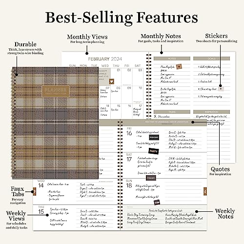 TF PUBLISHING 2024 Hunter’s Lodge Plaid Large Weekly Monthly Planner | Life Planner with 2 Page Spreads | 12 Month Calendar and Planning Prompts | Planner for School or Work | 9"x11"