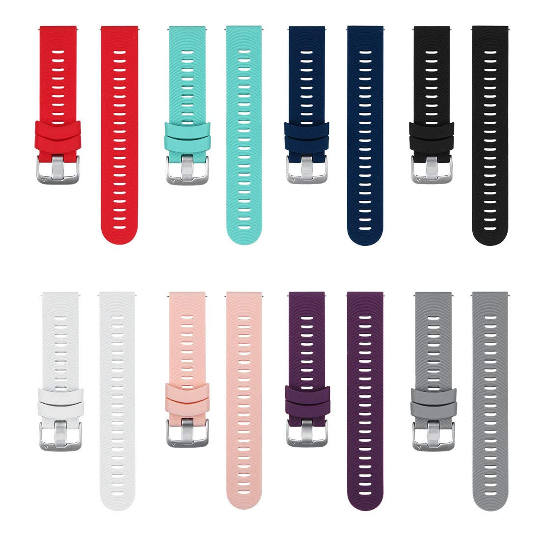 TECKMICO 8PCS bands Compatible with Garmin Forerunner 245/645,20mm Soft Silicone Replacement bands for Garmin Forerunner 245/645 GPS Running Watch,NO Tracker(8-Pack, Buckle Design)