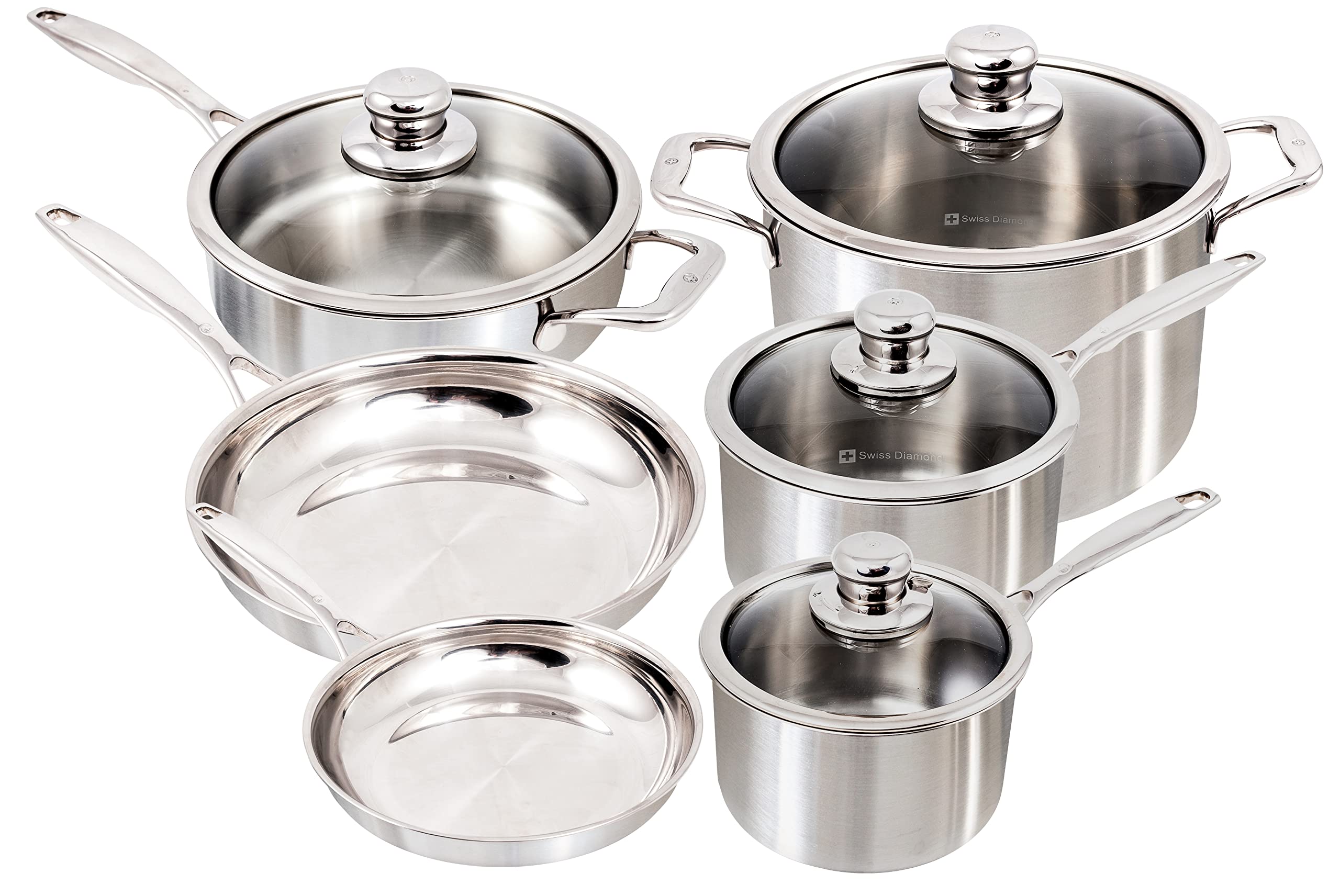 Swiss Diamond Premium Clad 5-Ply Stainless Steel 10 Piece Cookware Set with Satin Exterior Finish, Induction Compatible Stainless Steel Pots and Pans Set - Oven and Dishwasher Safe