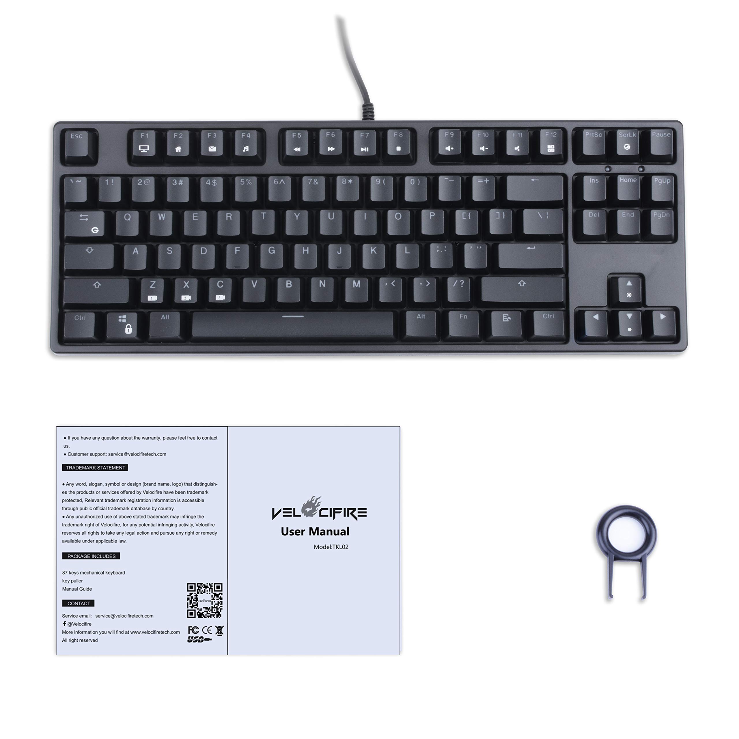 VELOCIFIRE TKL Mechanical Keyboard, 87 Key Ergonomic TKL02 Wired Brown Switches Mechanical Keyboard,with White LED Backlit for Copywriters, Typists and Programmers
