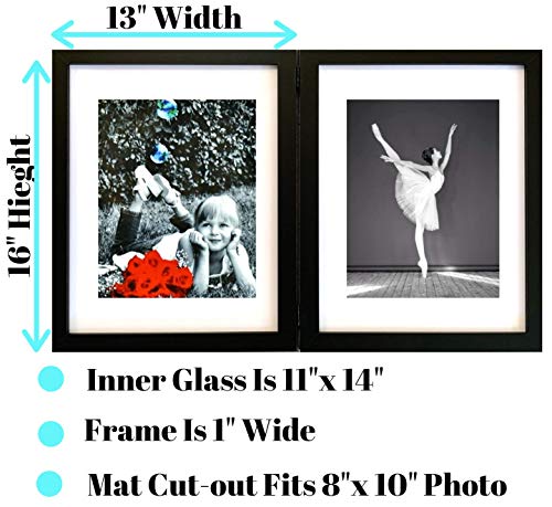 Tasse Verre 11x14 Black Folding Picture Frames With 8x10 Mats and HIGH DEFINITION GLASS - Displays Two Collage Pictures, Double Hinged Photo Frame Stands Vertically on Desktop