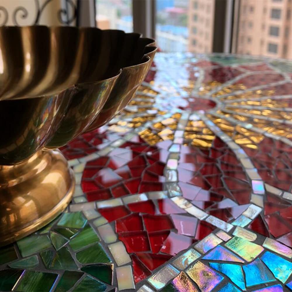 XIAOLIN Mosaic Side Table,Outdoor Garden Patio Tile Top Accent Desk with Round Hand Painted Glass, 23.6" Diameter