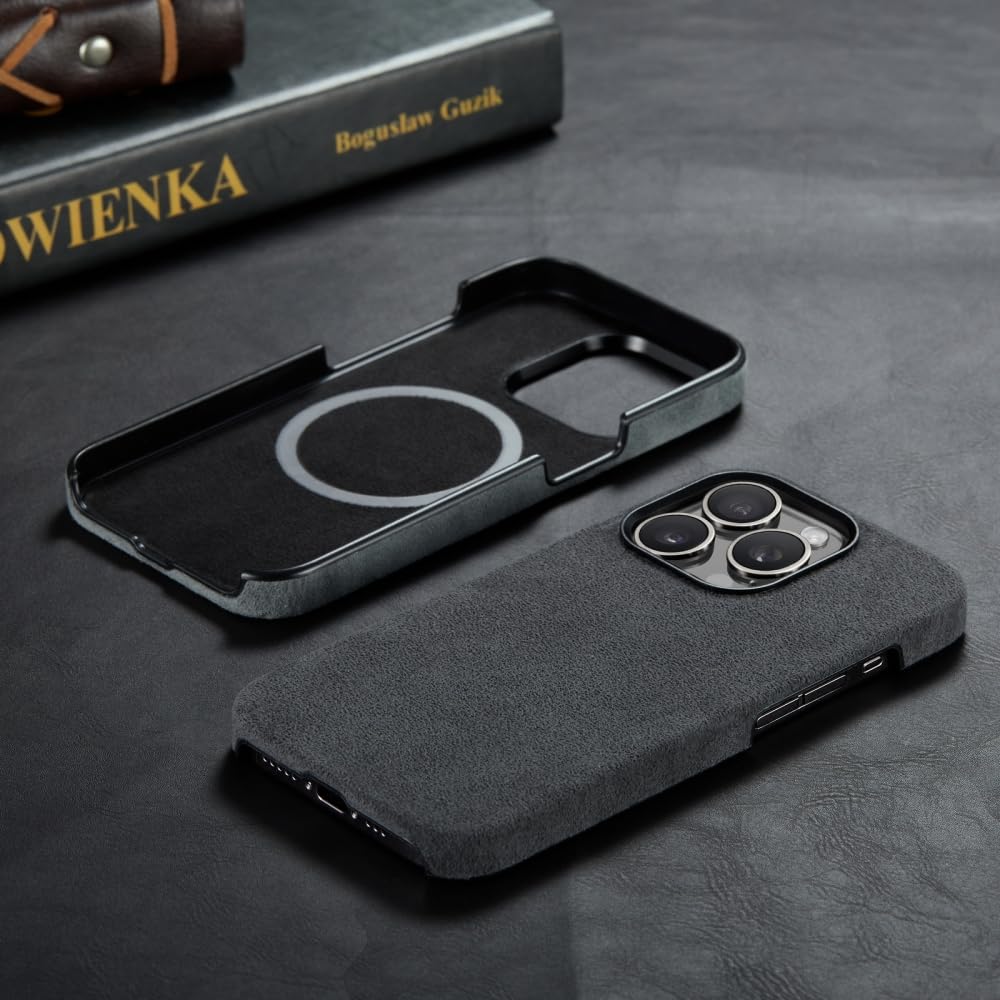 TYXDKJ Alcantara Case for iPhone 15 Pro, Handmade Half-Wrapped Synthetic Suede Cover, Compatible with Magsafe Wireless Charging (Black)
