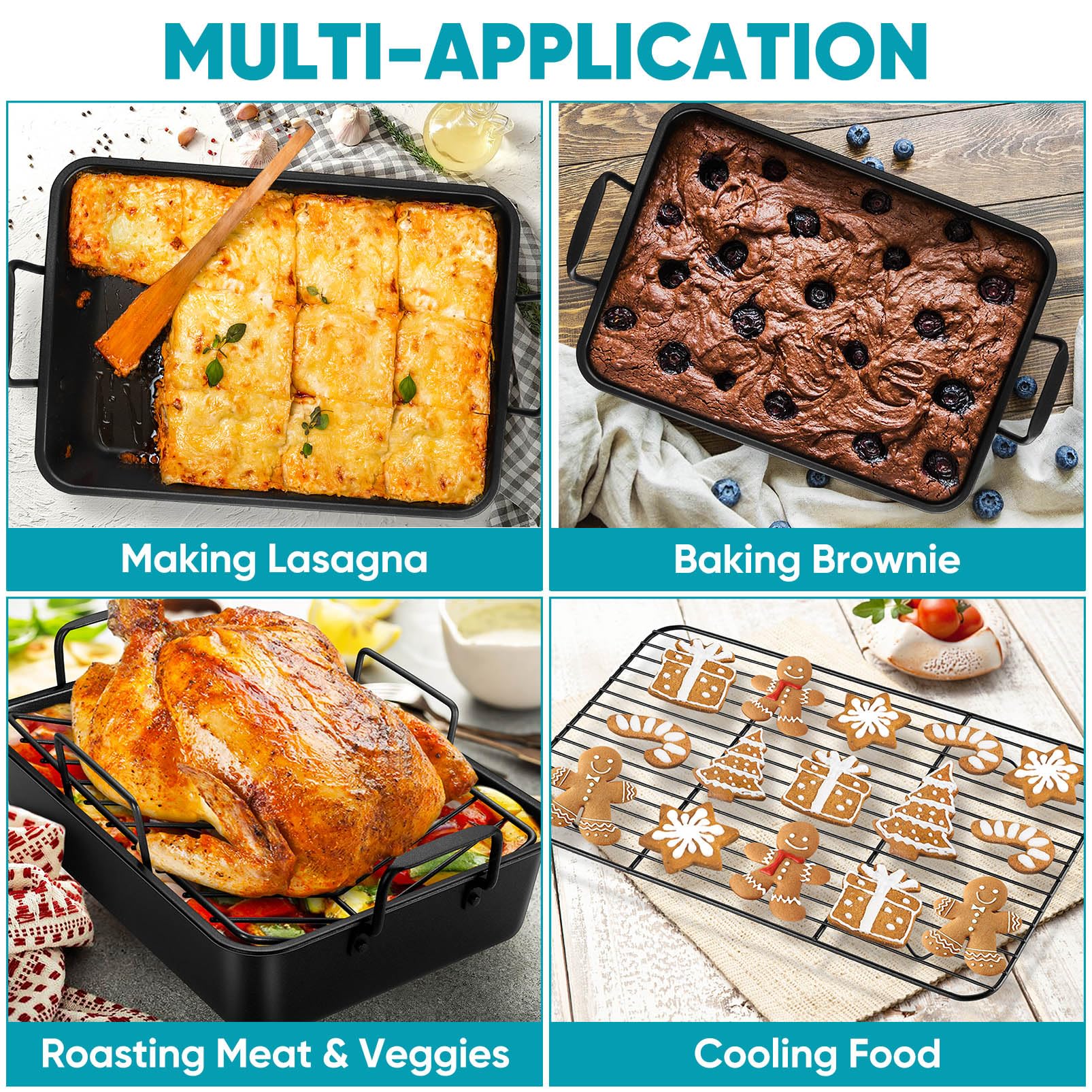 TeamFar Roasting Pan, 15ββ Nonstick Deep Lasagna Brownie Turkey Pan with V-Shaped Rack & Cooling Rack, with Stainless Steel Core & Nonstick Coating, Healthy & Sturdy Handles, Easy to Clean, Set of 3