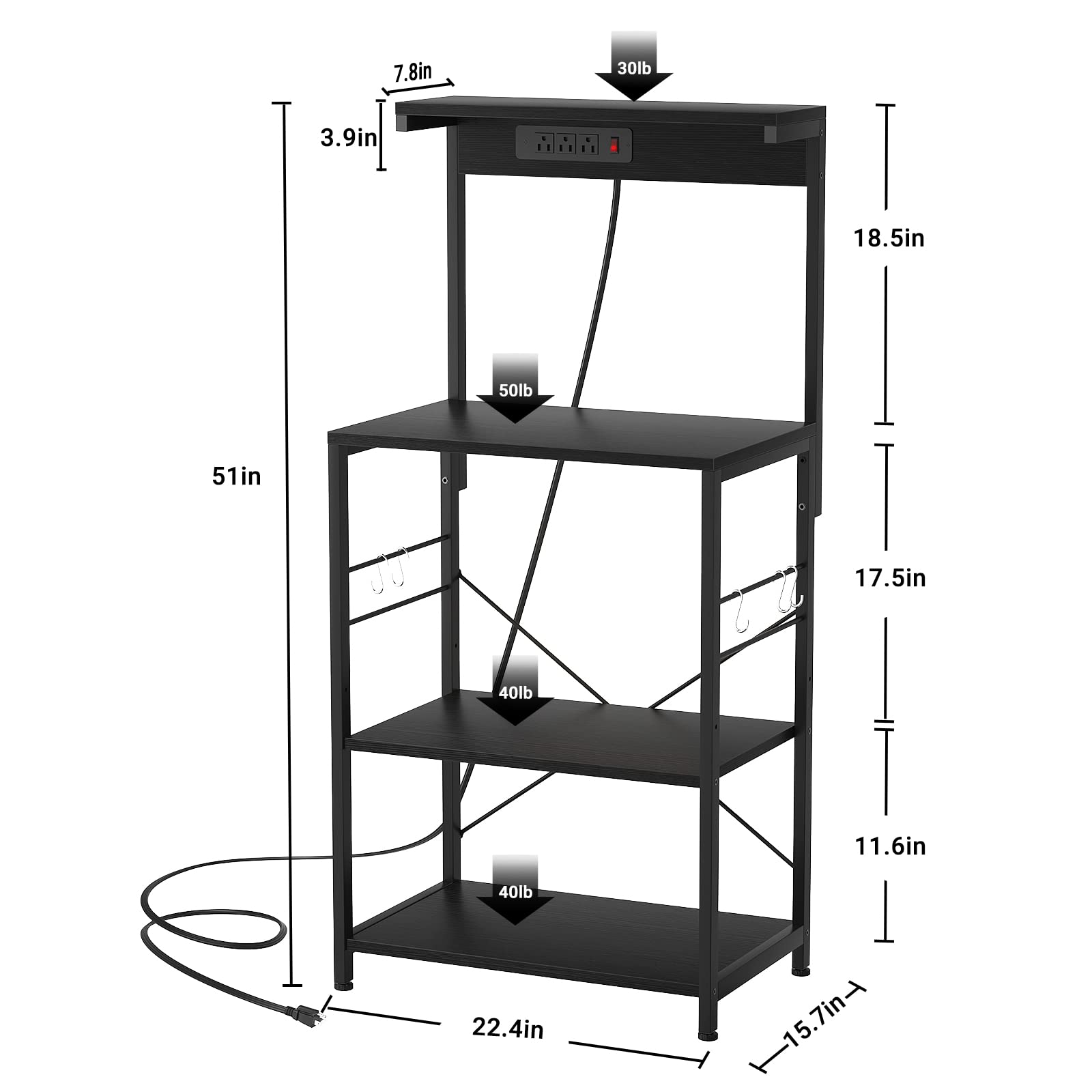 Topfurny Baker‘s Rack with Power Outlet, Microwave Stand Kitchen Storage Shelf, Kitchen Organizer Rack with 5 Hooks, Industrial Coffee Bar Table for Kitchens with Storage, Black