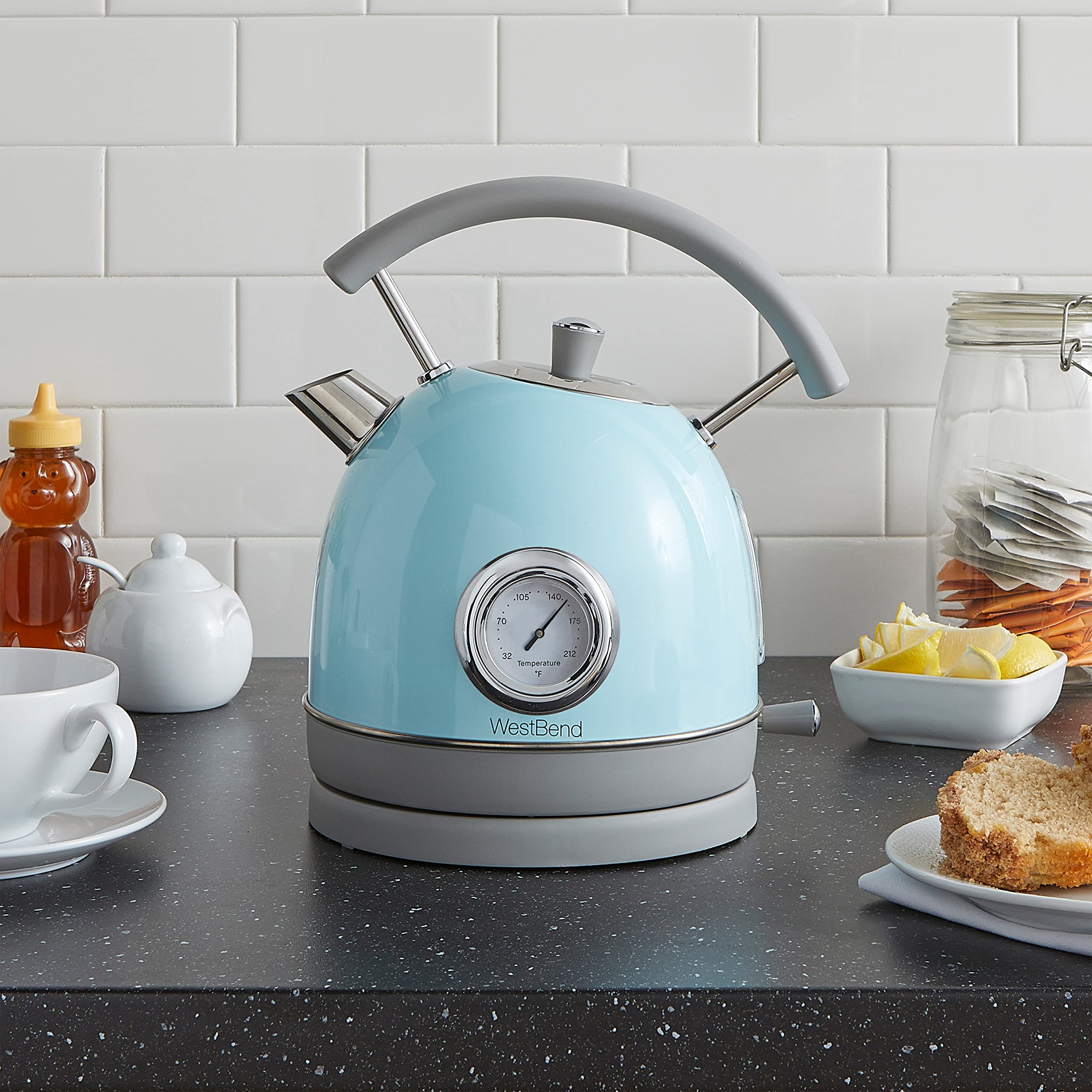 West Bend Electric Kettle Retro-Styled Stainless Steel 1500 Watts with Auto-Shutoff & Boil-Dry Protection, 1.7-Liter, Blue
