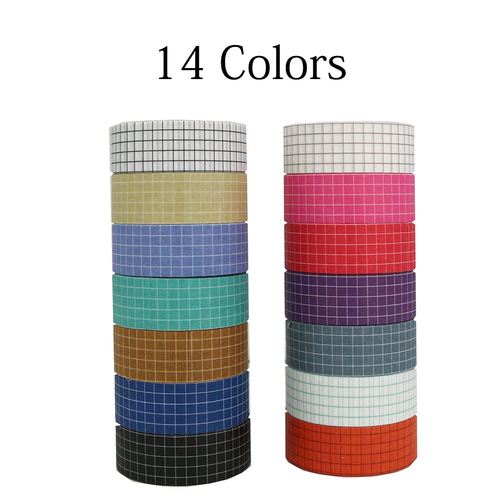 YuBoBo Washi Tape Set, 14 Rolls Grid Washi Masking Decorative Tapes for DIY Decor Planners Scrapbooking Adhesive School/Party Supplies
