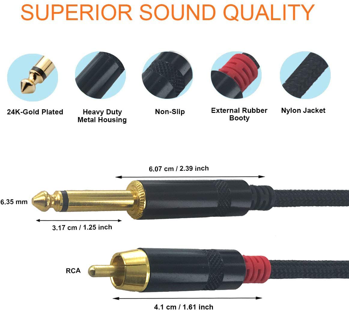 VOYZ Dual 1/4" TS Mono to 2 RCA Audio Cable - 6ft | PVC Shelled, Nylon Braided | Gold Plated Plugs | Ideal for Mixers, Amplifiers, Microphones, Speakers, Camera