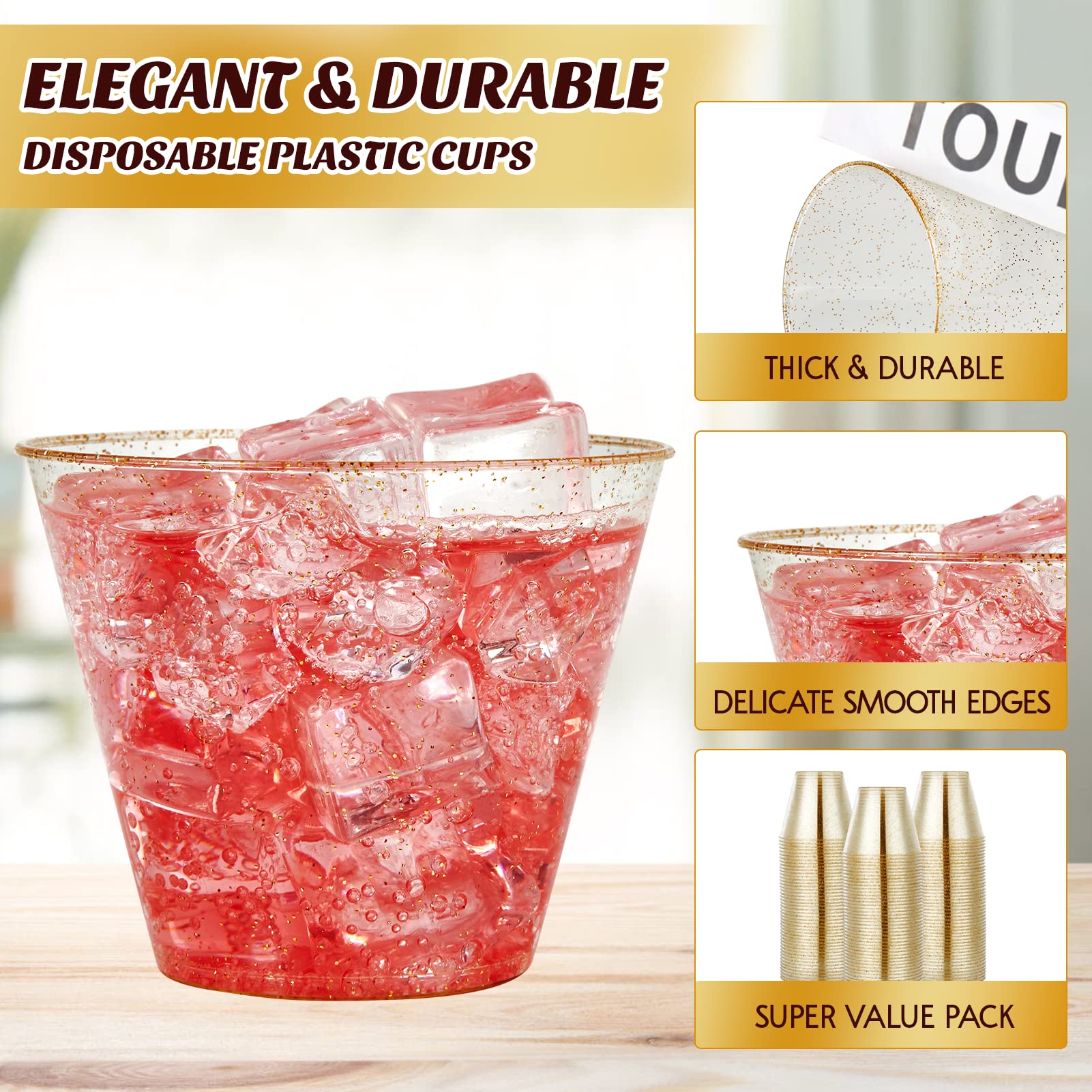 Vplus 100 Pack 9 OZ Clear Plastic Cups, Hard Disposable Cups, Plastic Drinking Cups, Plastic Wine Glasses for Party, Wedding, Thanksgiving, Birthday, Halloween, Christmas