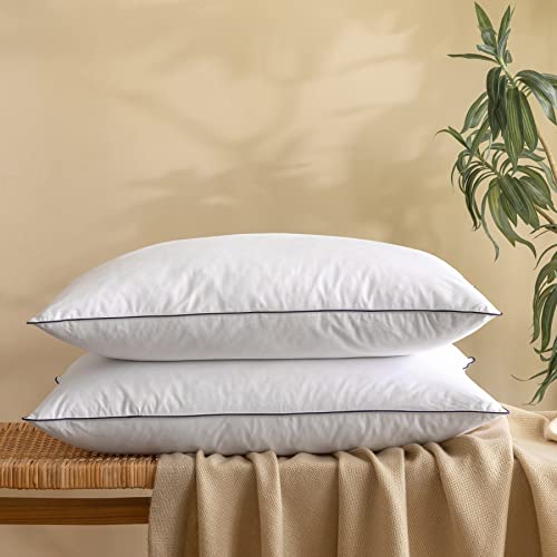 White Goose Feather Bed Pillow - 600 Thread Count 100% Cotton, Medium Firm,Soft Support (Queen Size:Pack of 2)