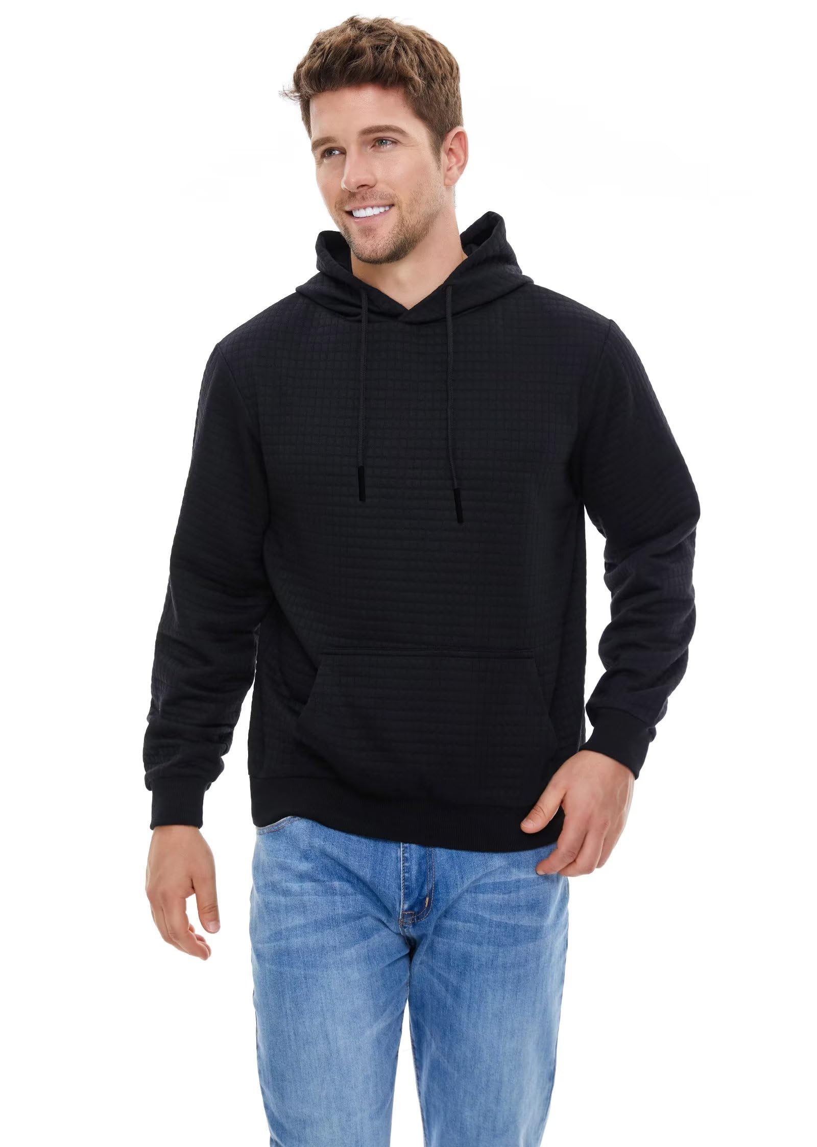 YuKaiChen Men's Hoodies Pullover Casual Plaid Jacquard Kangaroo Pockets Drawstring Long Sleeve Hooded Sweatshirts Black M