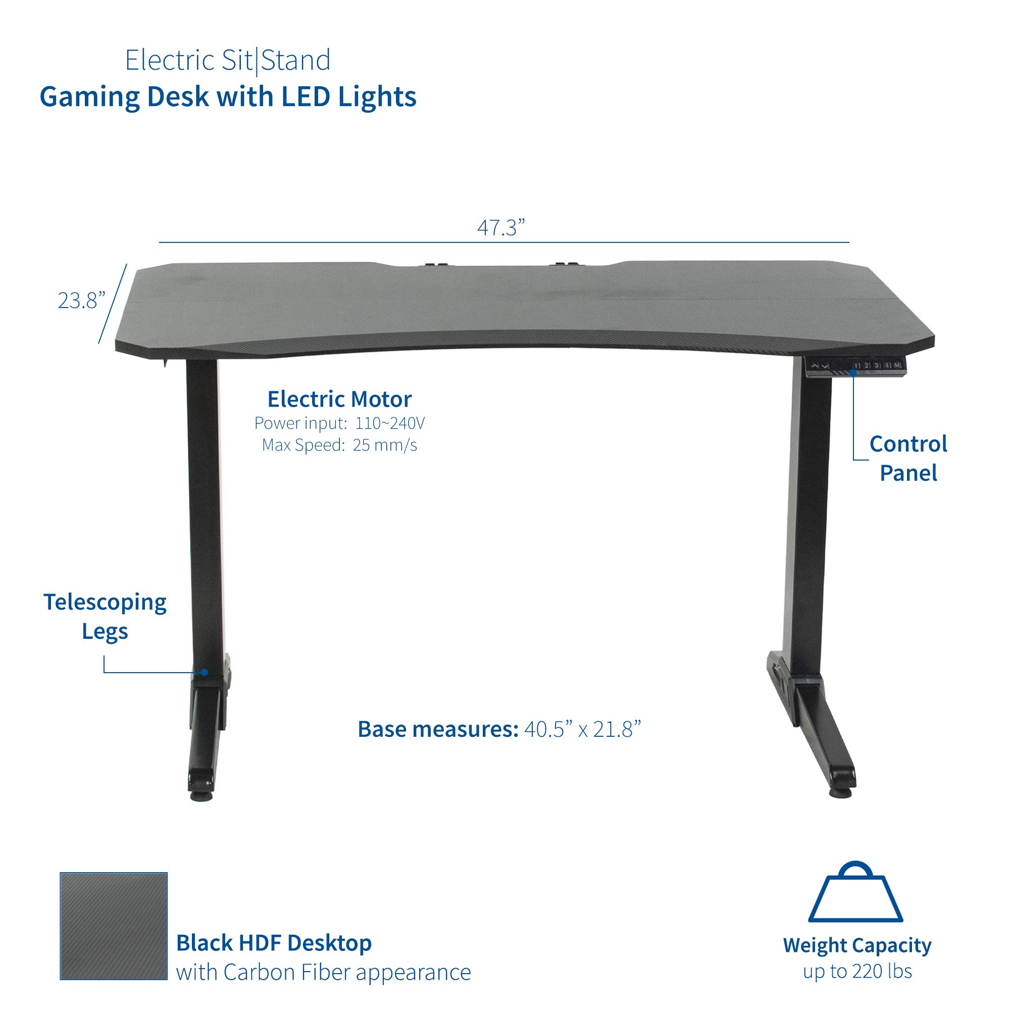 VIVO Black Electric 47 inch Height Adjustable Gaming Desk with Blue LED Lights, Ergonomic Home Office Computer Table Workstation, DESK-GME2B