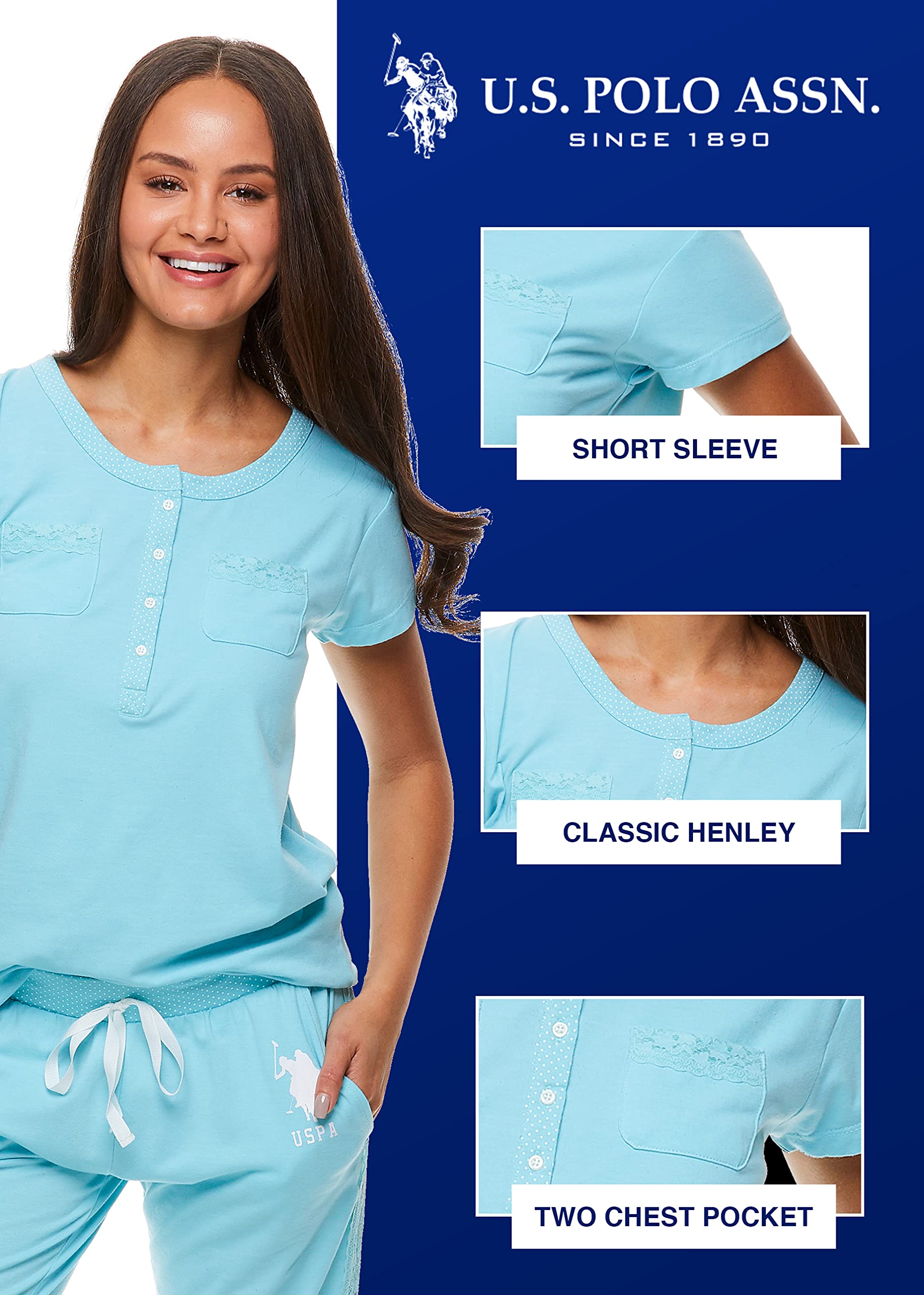 U.S. Polo Assn. Womens Pajama Set with Pockets - Short Sleeve Shirt and Pajama Pants Pj Set Mint Heather Medium