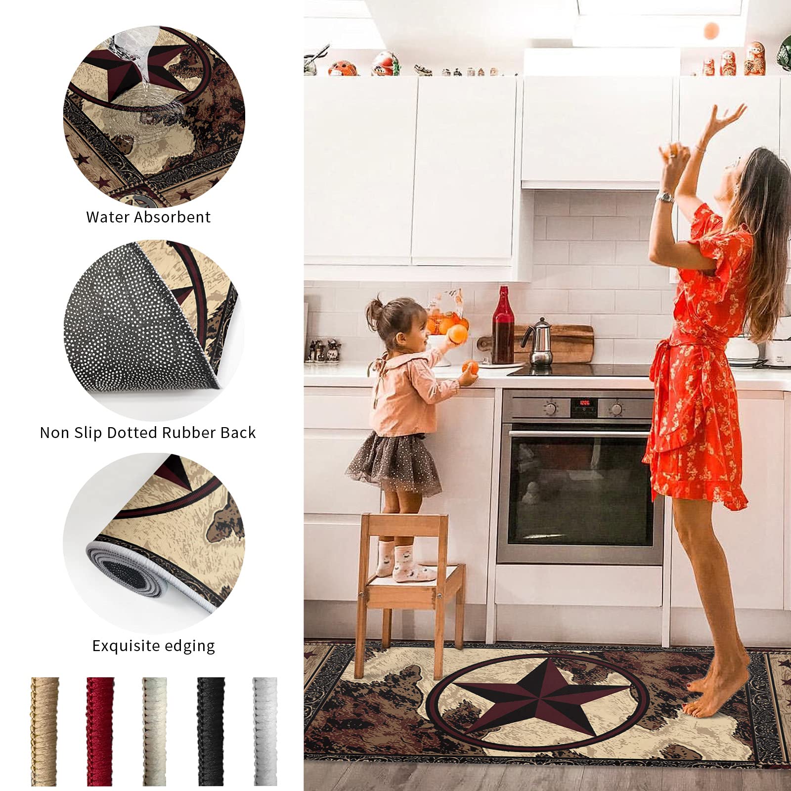 Western Kitchen Runner Rug Sets 2 Piece, Rustic Texas Star Absorbent Bathroom Rugs, Farmhouse Floor Mats Retro Brown Beige Non-Slip Door Mat for Bedroom/Hallway/Laundry, 15.7"Wx23.6"L+15.7"Wx47.2"L