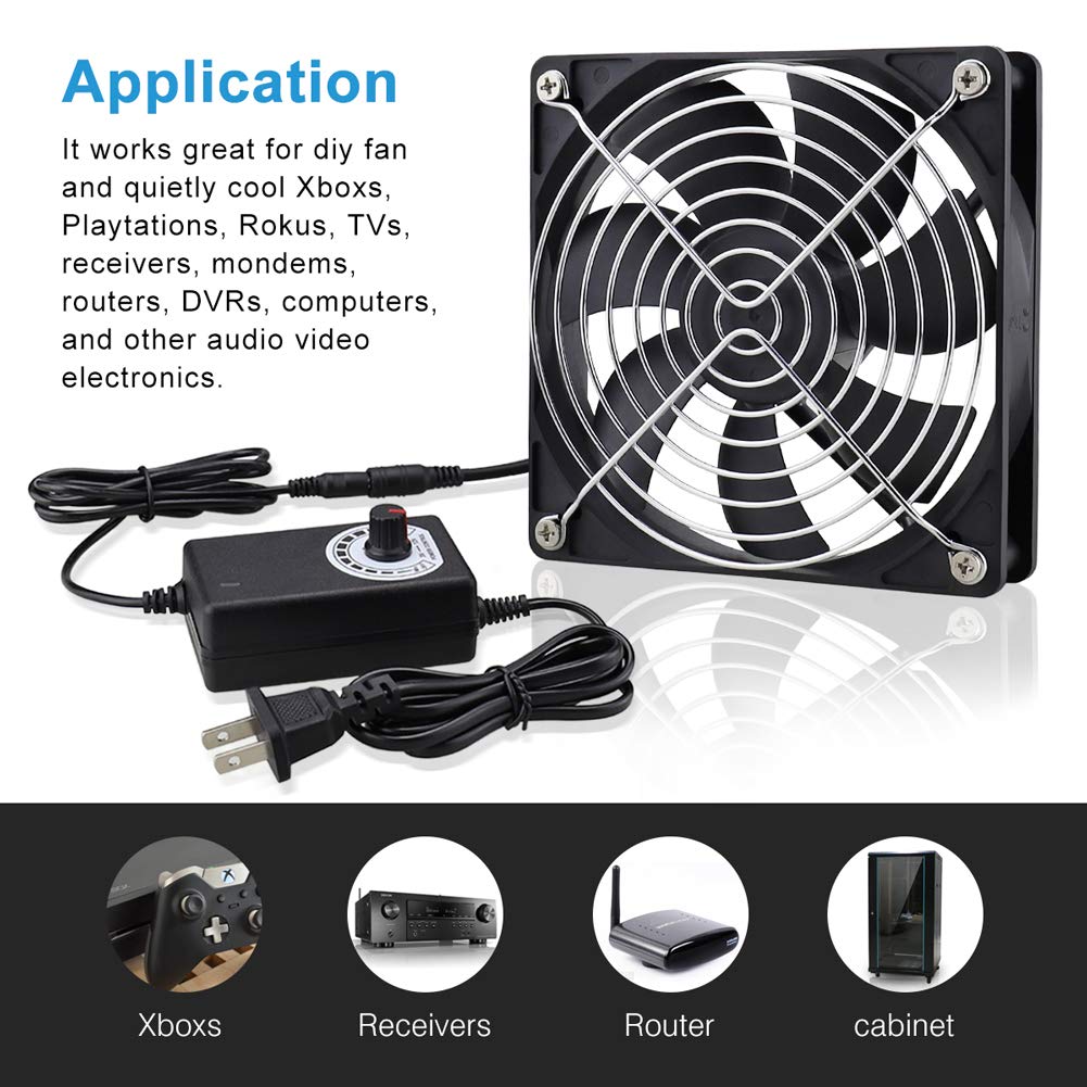 Wathai 120mm x 25mm AC Powered Computer Fan with AC Plug 110V 120V 220V 240V Variable Speed Controller 3V to 12V, for Biltong Box Greenhouse Receiver Amplifier Xbox DVR Playstation Component Cooling