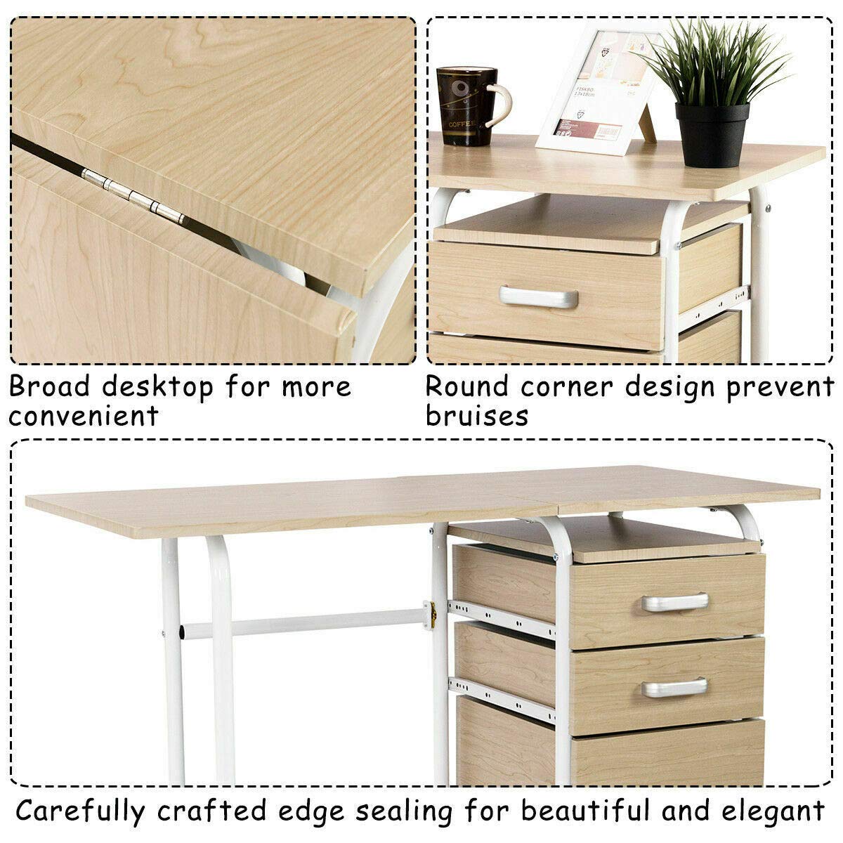 Wavecurl Folding Computer Laptop Desk Wheeled Home Office Furniture with 3 Drawers New