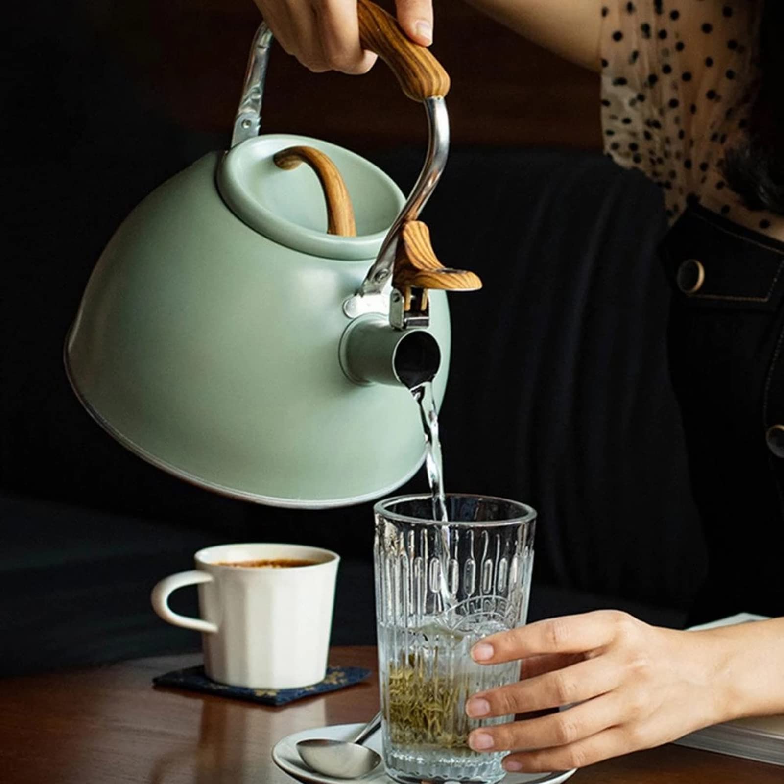 VTOSEN Whistling Tea Kettle,Light Green Tea Pots for Stove Top with Wood Pattern Handle, Universal Base for Induction, Gas and Electric (3L)