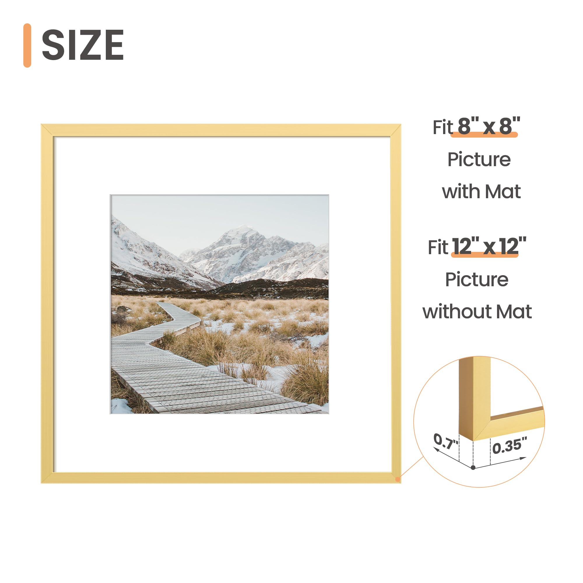 upsimples 12x12 Aluminum Picture Frame with mat for 8x8, Gallery Wall Decor Metal Photo Frames Set of 2, Gold