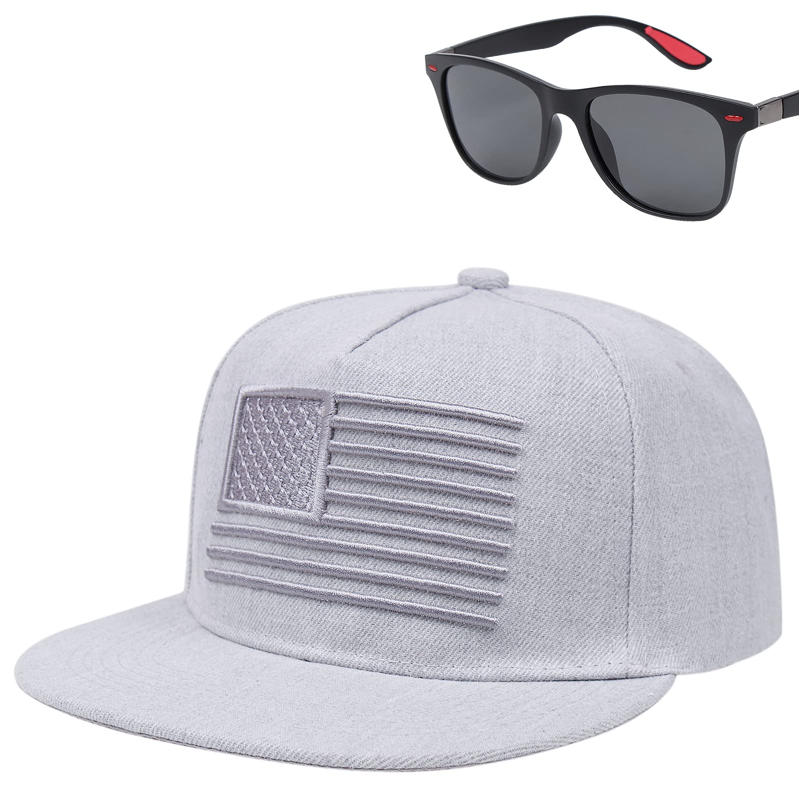 ZHONGNIAO American Flag Hat Unisex Snapback Hat, Flat Brim Hats Unisex Adjustable Trucker Hat Hip Hop Baseball Cap+Eyeglasses White
