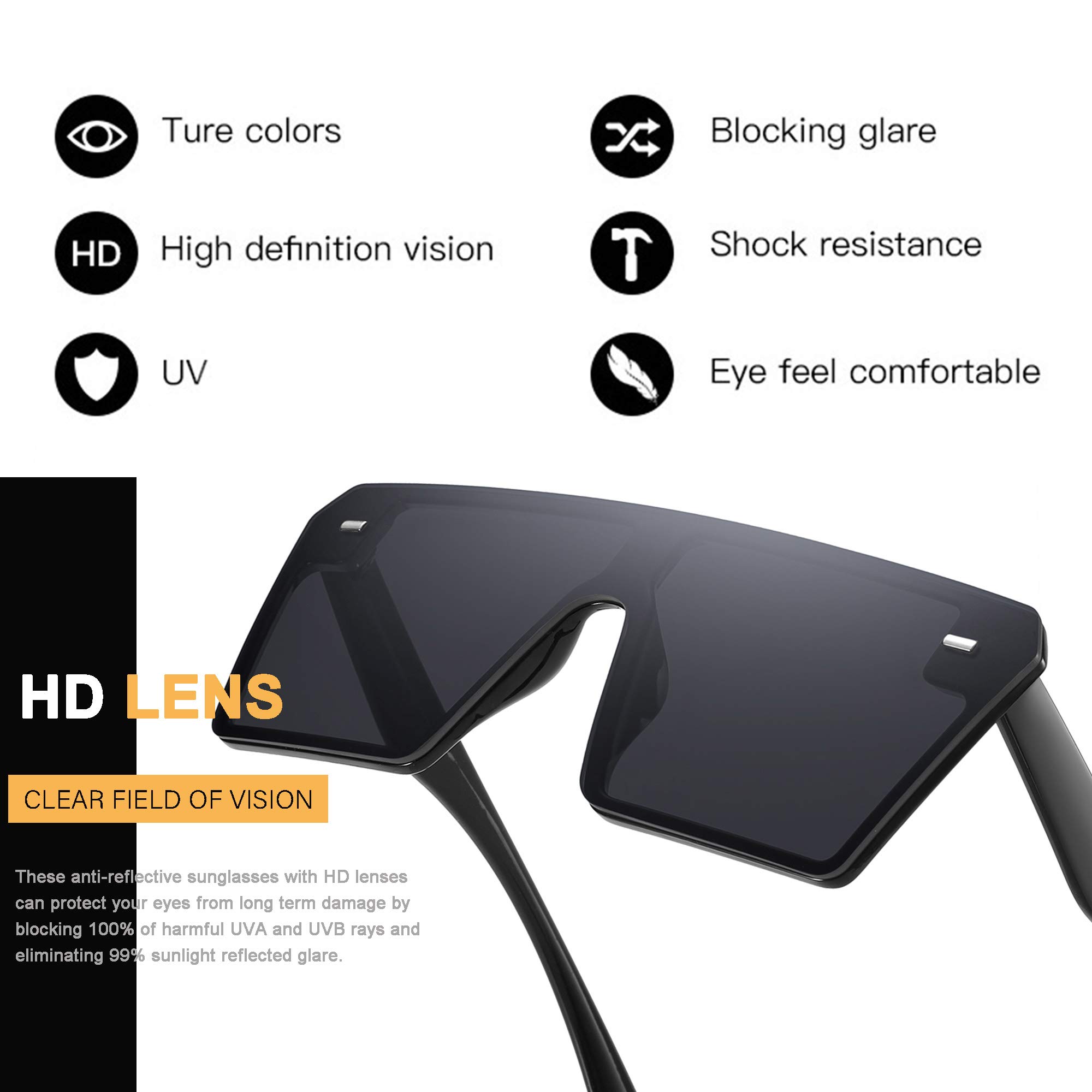 VANLINKER Flat Top Oversized Shield Sunglasses for Women Men Square Rimless Fashion Shades VL9517 With Black Frame