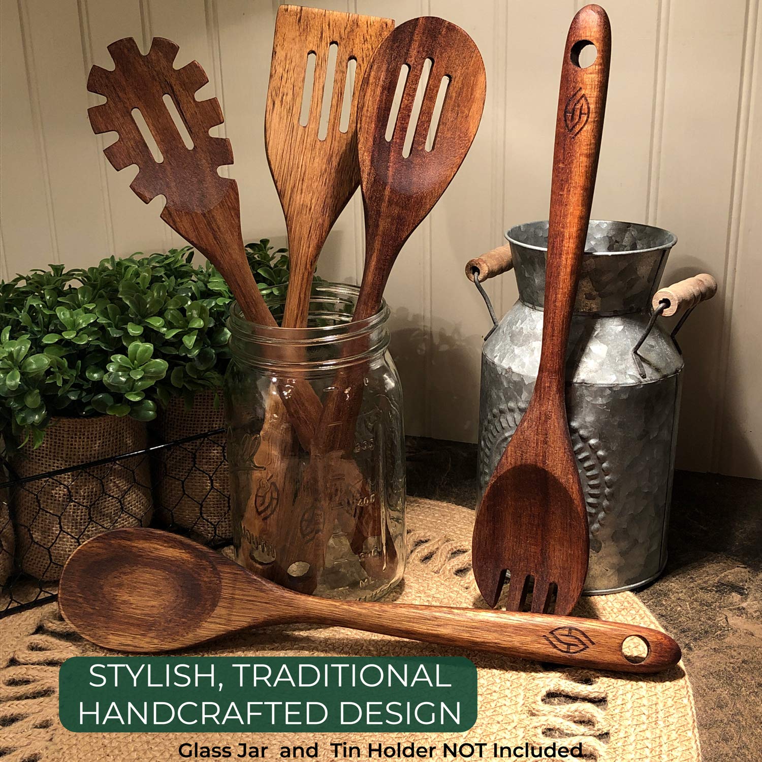 Wooden Spoons for Cooking - Kitchen Utensils Set of 5, Acacia Wood Utensil Sets, with Slotted Spoon, Salad Fork, Spatula, Pasta Server (Rich Brown)