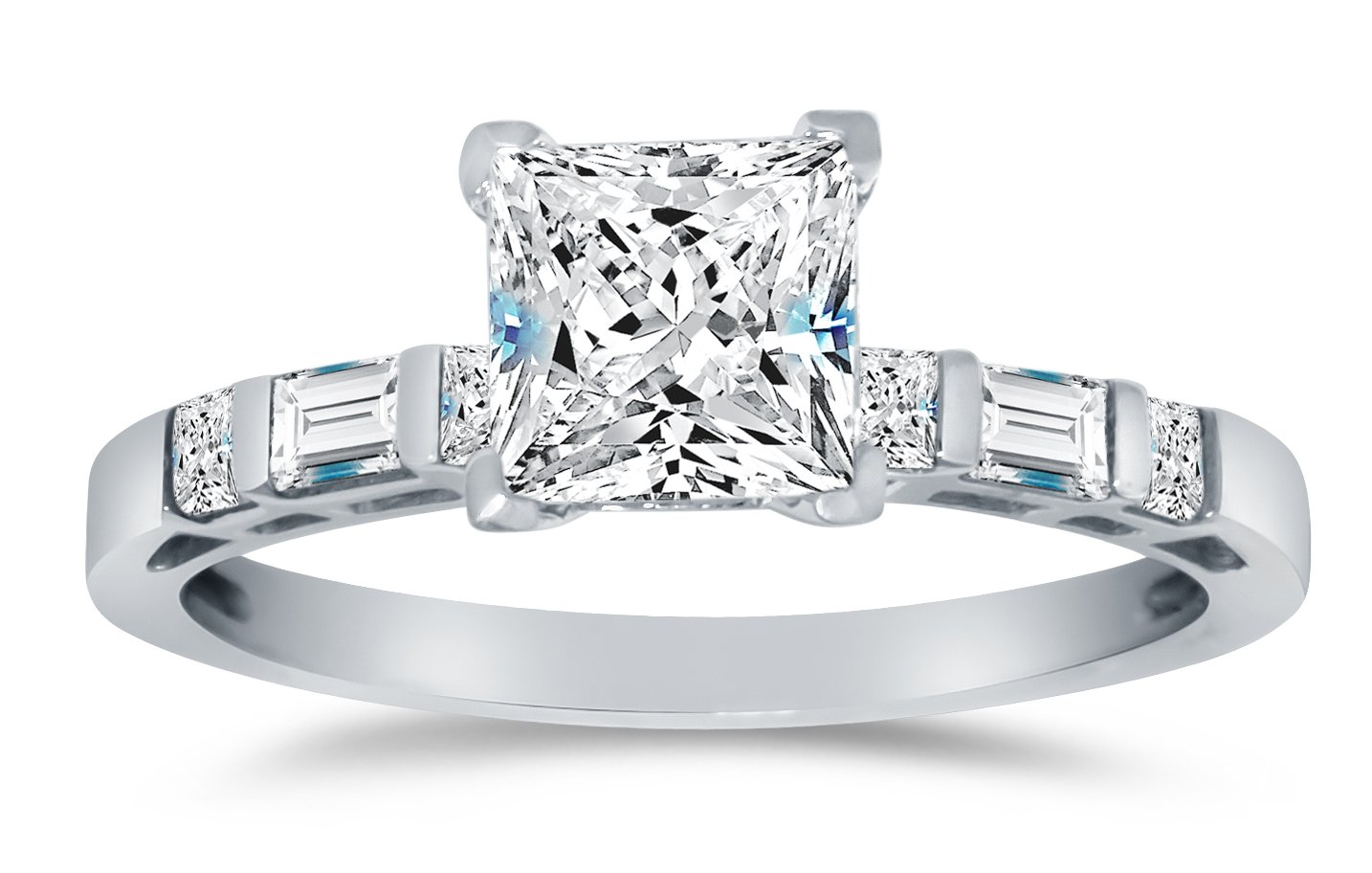 Size 7 - Solid 14k White Gold CZ Cubic Zirconia Bridal Engagement Ring w/Matching Wedding Band Two Ring Set - Princess Cut Solitaire with Baguette Side Stones (1.75cttw., 1.0ct. Center)