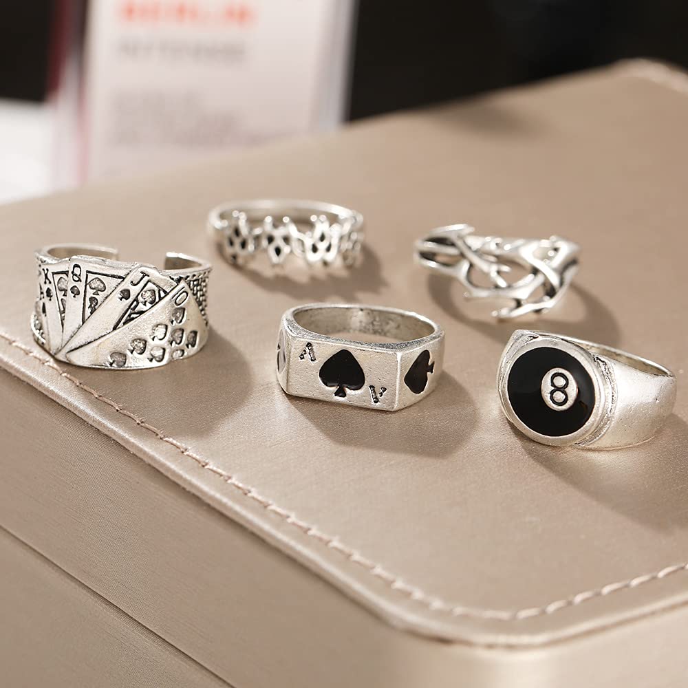 ZMANYIJEW Silver Men Ladies Rings Set, Adjustable Rings, Cross Rings, Twist Rings, Billiard Rings, Solitaire Rings, Cool Gothic Rings, Silver Pearl Simple Line Stackable Ring Sets (19pcs, Alloy)