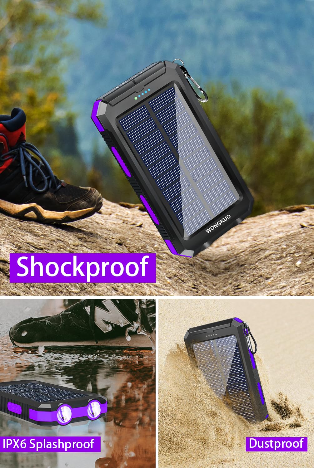 WONGKUO Solar Charger Power Bank - ๐ฎ๐ฌ๐ฎ๐ฐ ๐๐ฅ๐๐ง๐๐๐ 36,800mAh Portable Solar Phone Charger, QC3.0 Fast Charger with LED Flashlight, IP65 Waterproof Power Bank Perfect for Outdoor Camping Hiking