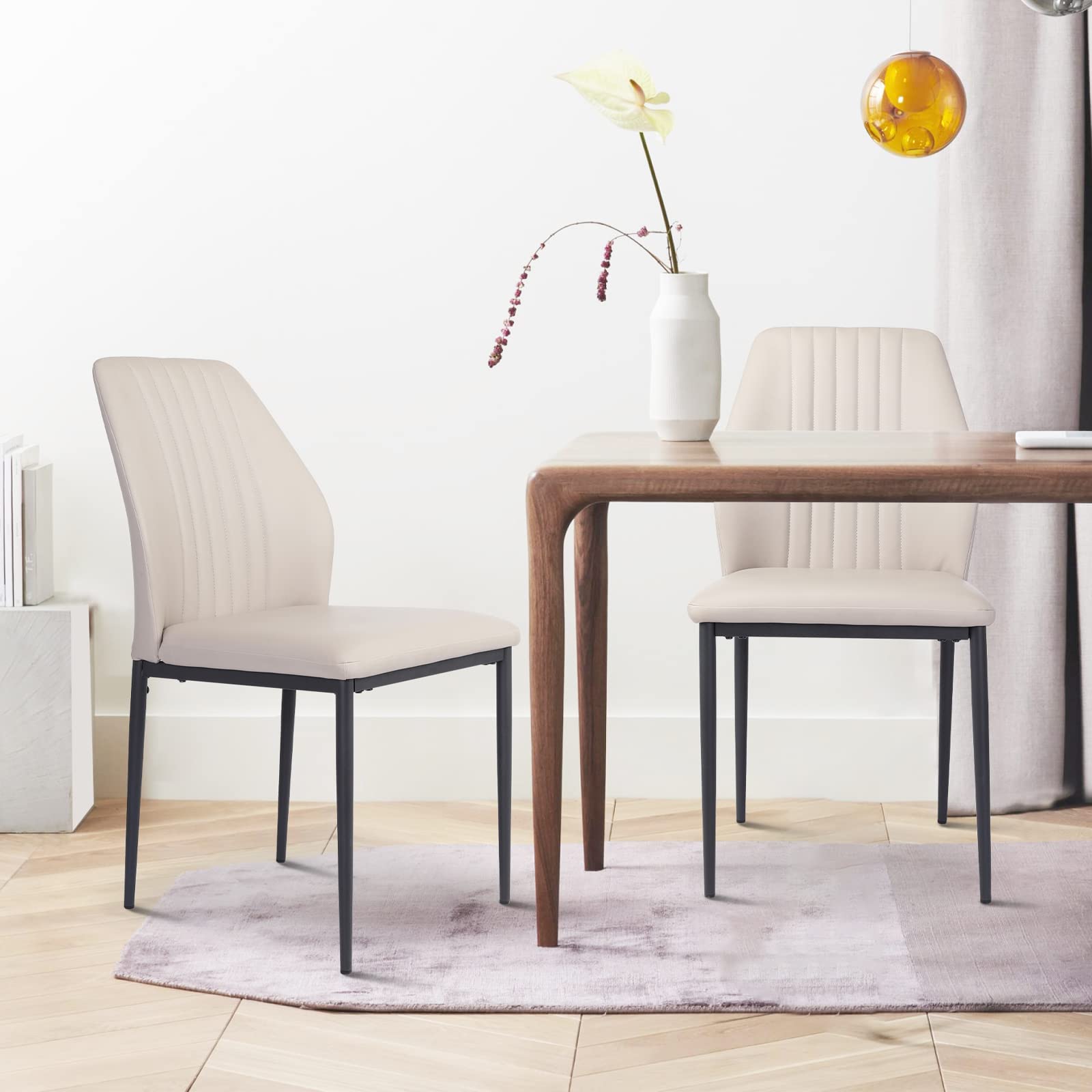 Zerifevni Dining Chairs Set of 2, Upholstered Side Chairs, Faux Leather Modern Style Kitchen Chairs with Stable Steel Legs (Beige)