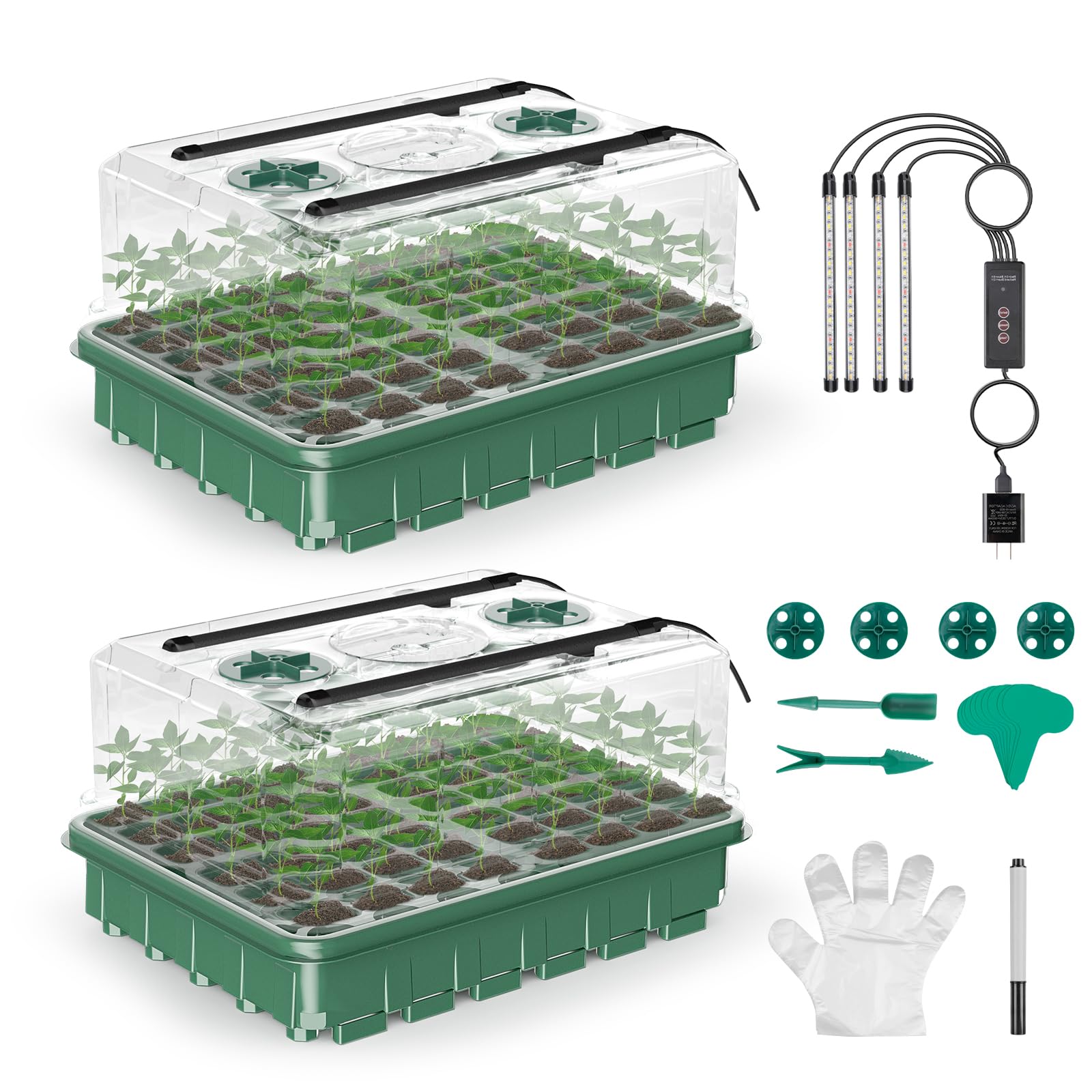 ZMHOO 2PCs Seed Starter Trays with Humidity Domes 96 Cells Seedling Starter Kit with Adjustable Grow Light Plant Starter Kit&Base with 2 Garden Tools&20 Plant Labels Mini Greenhouse Germination