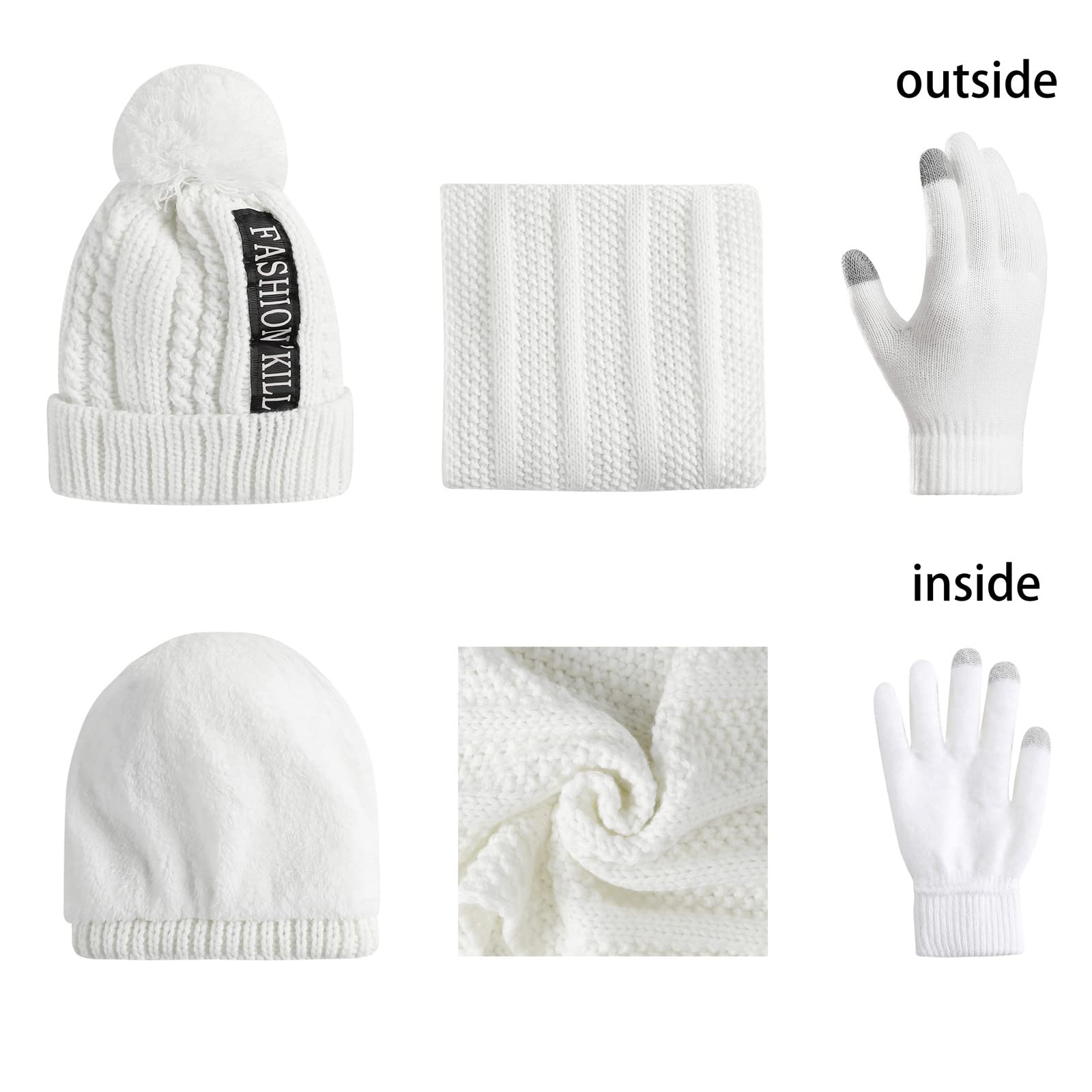 Yvechus 3 in 1 Winter Beanie Hat Scarf and Gloves Set Warm Knit Hat Thick Fleece Lined for Women (J White)