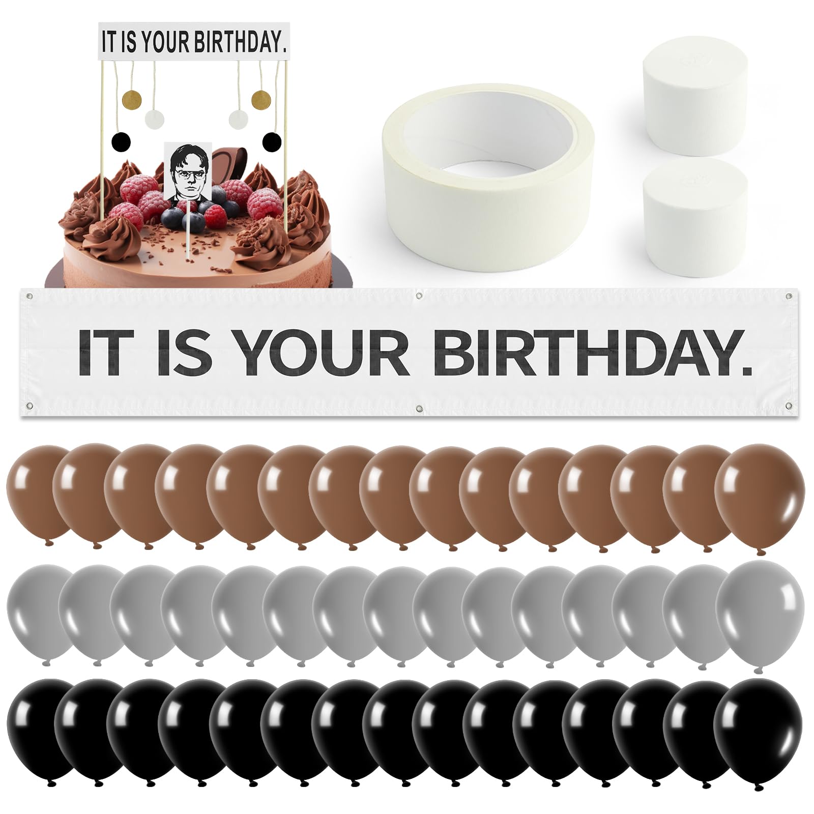 The Office Birthday Decorations with It Is Your Birthday Banner, Cake Topper, Balloons 50Pcs Full Kit, 12 Inches Grey Brown Black Balloons Packs for colleagues Boss Birthday Office Party Decorations