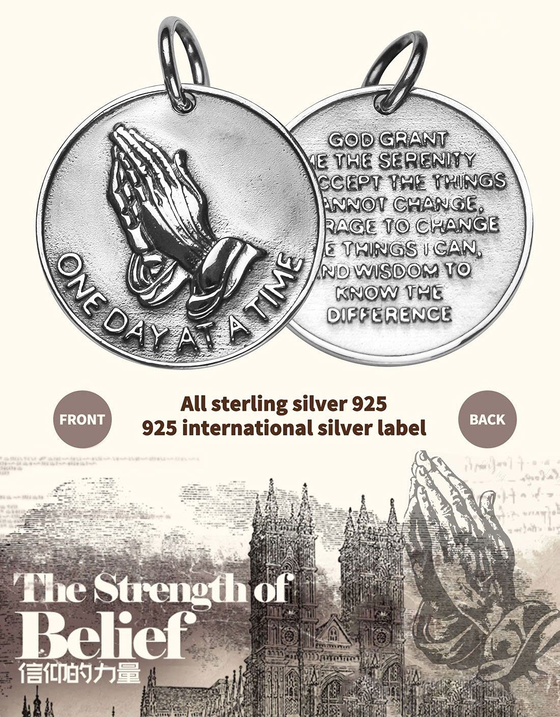 YWARX Silver 925 Christ Jesus Praying Hands Serenity Prayer Religious holy spendant gift Double-sided concave-convex engraving
