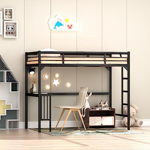 Voohek Twin Size Metal Loft Bed with Desk, Ladder and Guardrails, Bunk Bed Frame for Bedroom, Anti Wobbly Design, Large Weight Capacity, Black