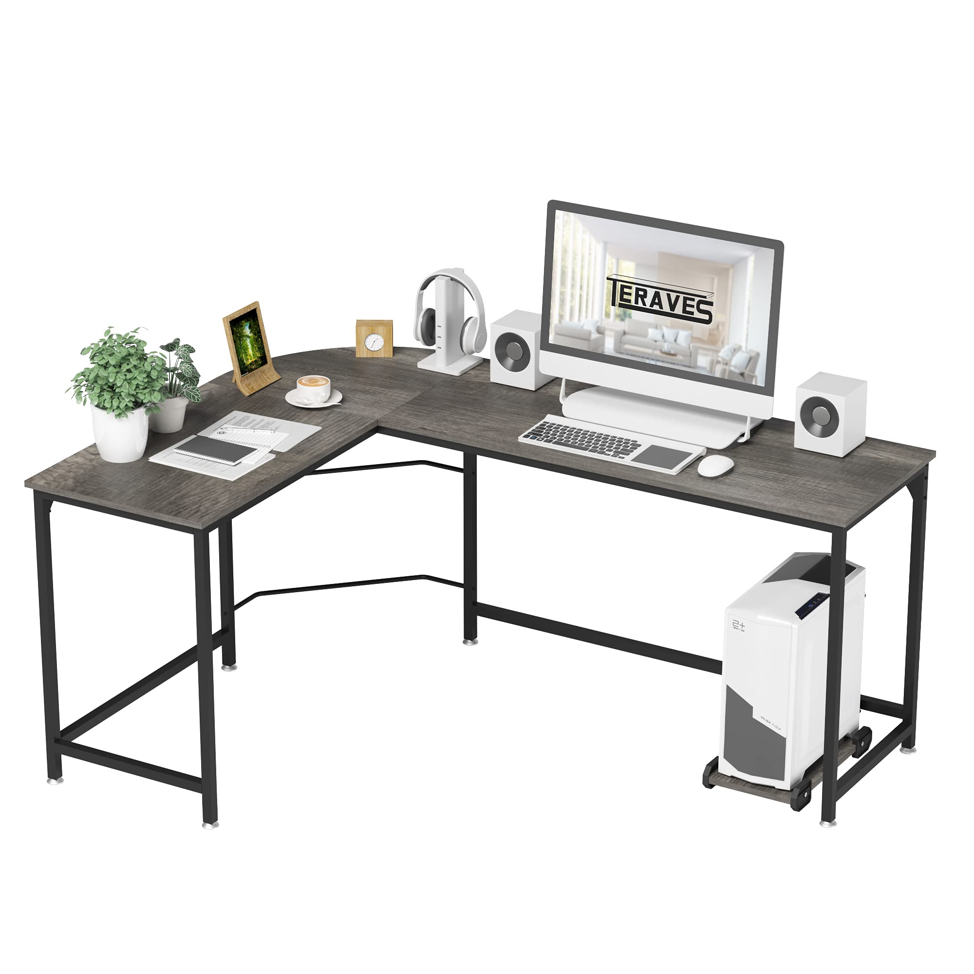 Teraves Reversible L Shaped Desk, 57.9" Gaming Computer Desk, Modern Corner Desks for Home Office Study, Space Saver Workstation Desk, Easy Assembly, Wooden