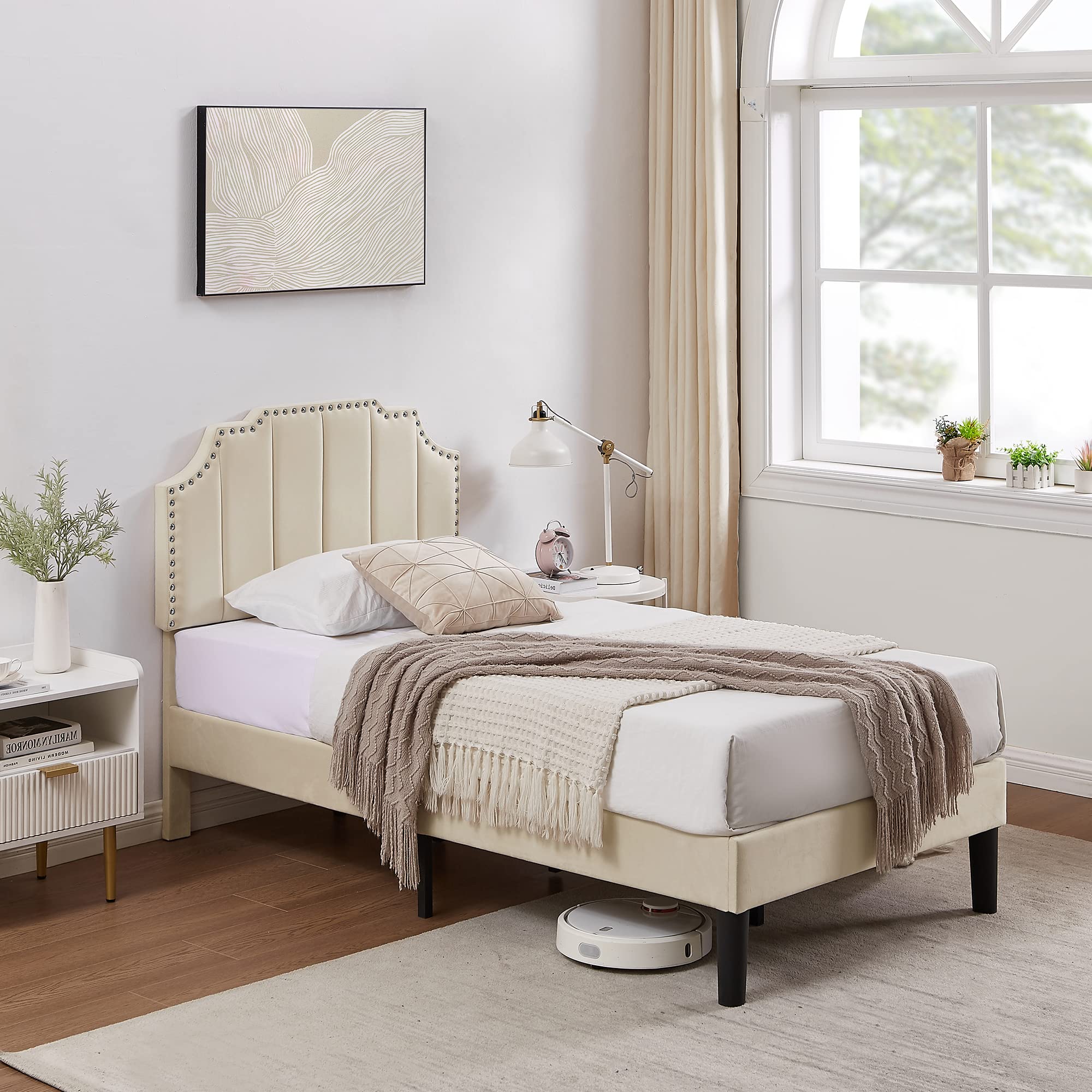 VECELO Twin Size Bed Frame Upholstered Platform with Tufted Adjustable Headboard/Mattress Foundation with Wood Slat Support, Easy Assembly,Honey Beige