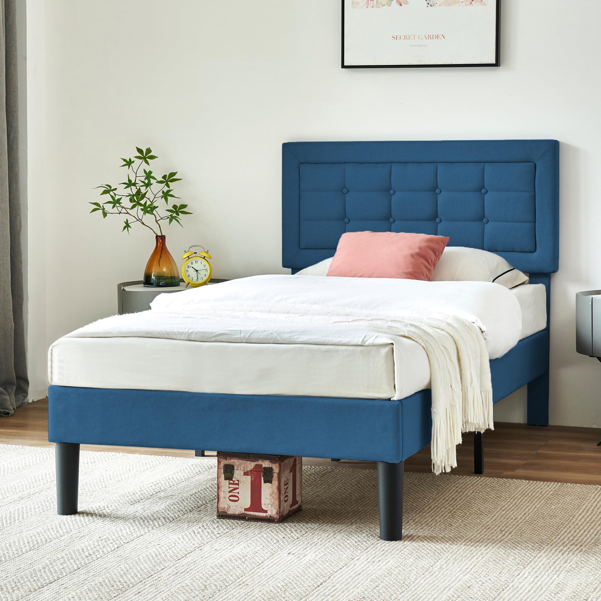 VECELO Twin Size Bed Frame with Adjustable Headboard, Upholstered Button Tufted Platform Bedframe with Wood Slats Support, No Box Spring Needed, Linen White