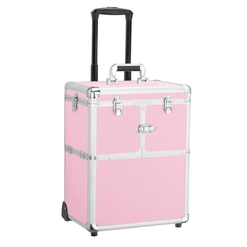Yaheetech Professional Makeup Train Case Travel Makeup Trolley Rolling Cosmetic Case Beauty Train Case Beauty Organizer, Pink