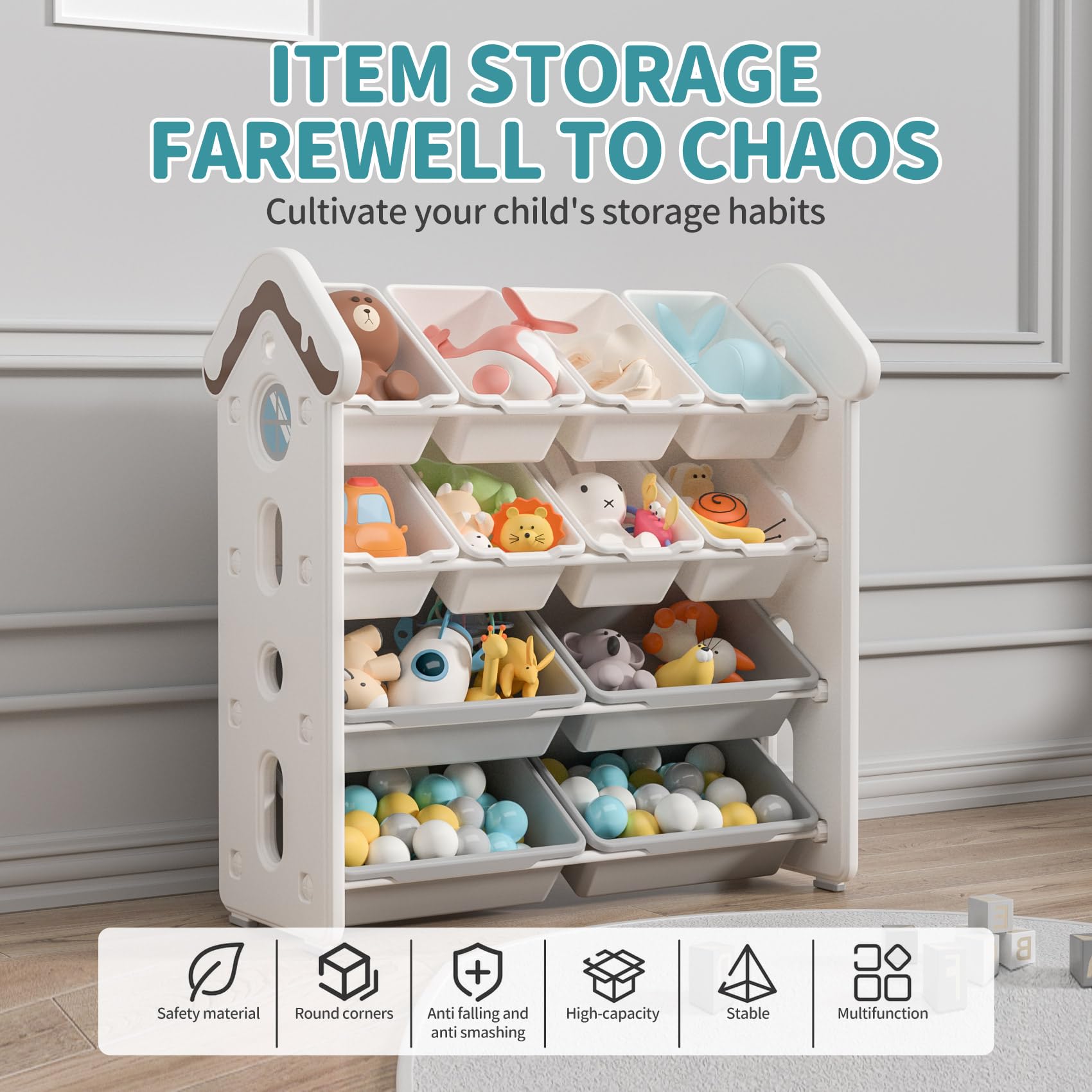 UNICOO Kids 4-Tier Toy Storage Organizer, Toy Organizer Shelf, Fun Candy House Design, Toy Shelves Organizer with 12 Bins, Toy Organizer Rack Durable and Safe HDPE Material