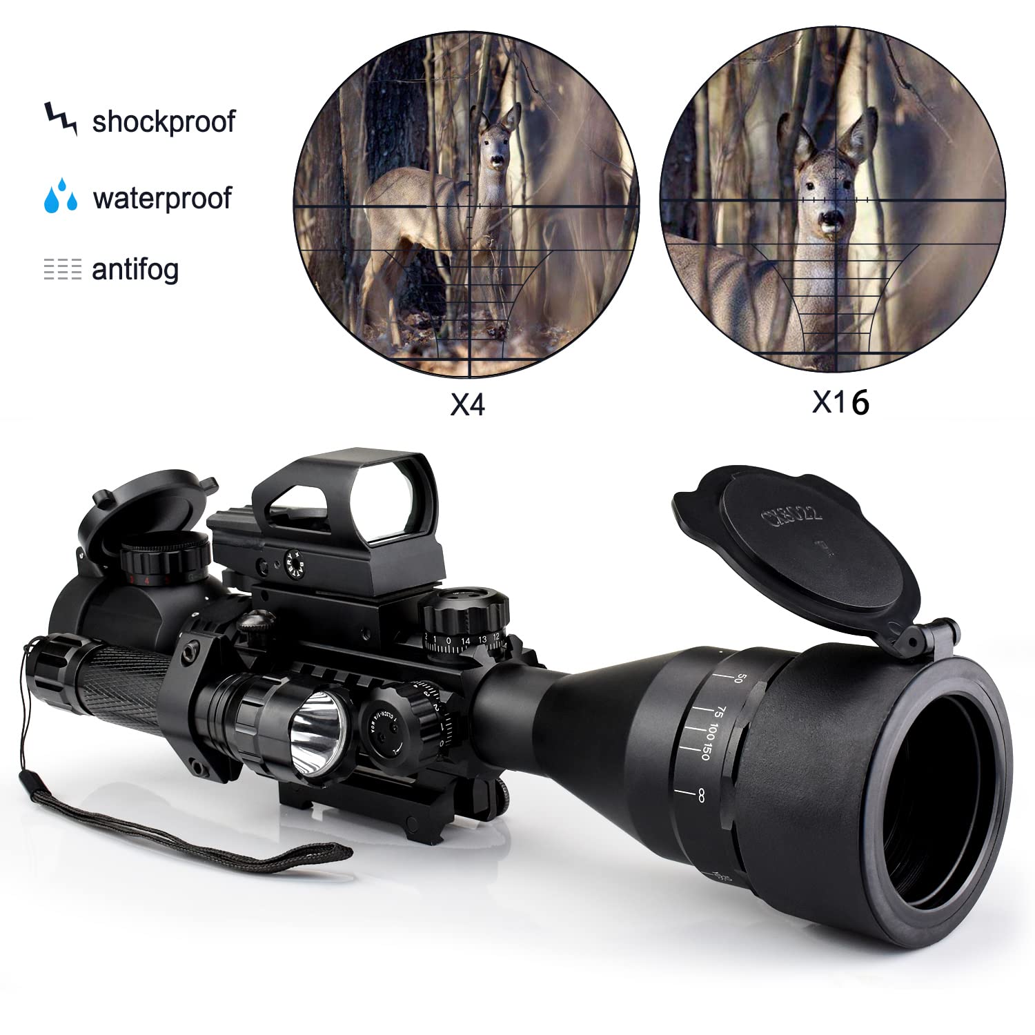 XOPin 4-16x50AO Rifle Scope Combo Dual Illuminated with Green Laser Sight 4 Holographic Reticle Red/Green Dot for Weaver/Rail Mount