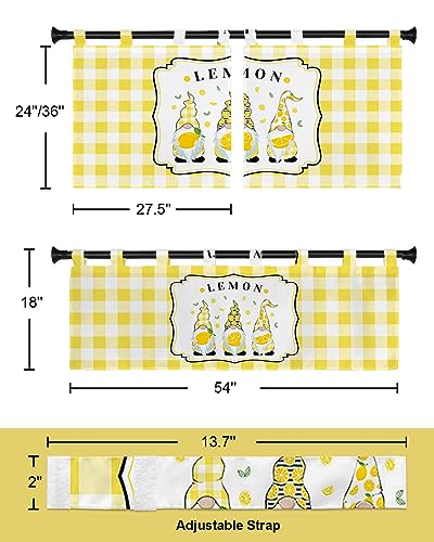 Tab Top Curtain Valance and Tiers Set,Summer Fruit Gnome with Farmhouse Lemon Light Filtering Kitchen Curtains Valances,Yellow White Buffalo Check Pastoral Cafe Window Treatment Drapes for Bedroom