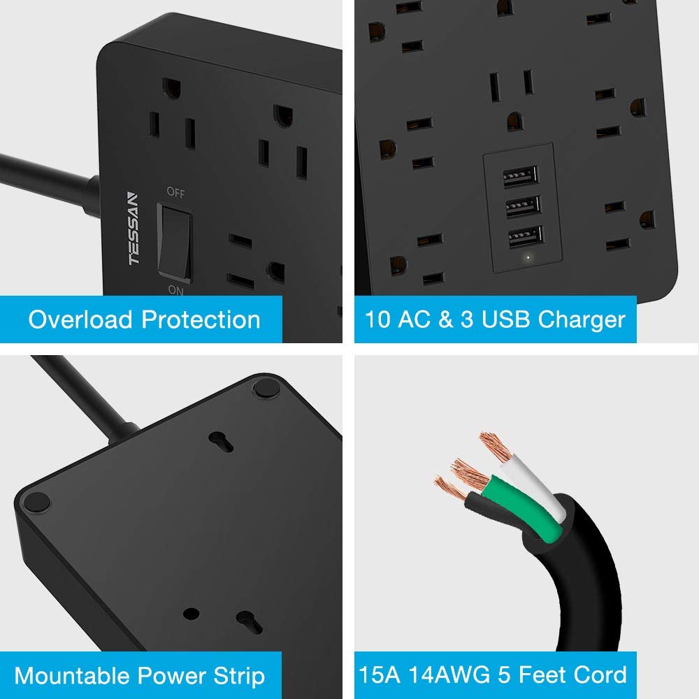 TESSAN Mountable Power Strip Extension Cord with Surge Protector, 10 AC Outlets, and 3 USB Charging Ports for Home and Offices, Black