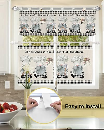 Tab Top Curtain Valance and Tiers Set,Chef Dwarf Cake Black Buffalo Plaid Light Filtering Kitchen Curtains Valances,Dessert Cooking Utensil Retro Linen Cafe Window Treatment Drapes for Bedroom
