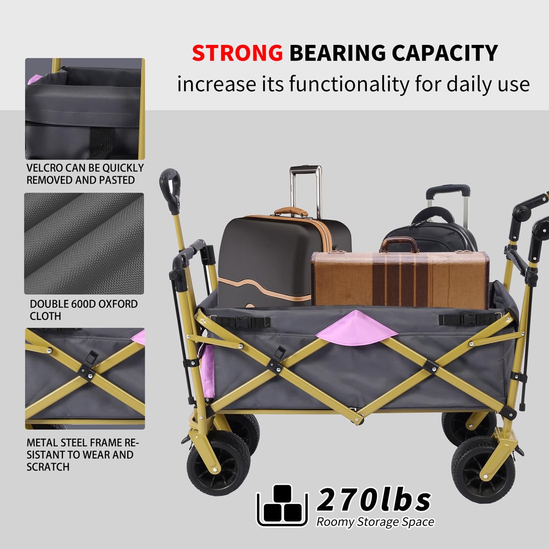 Yone jx je Collapsible Canopy Wagon - Heavy Duty Utility Outdoor Garden Cart, Push & Pull Utility Folding Wagon with Removable Canopy for Shopping, Picnic, Camping, Sports