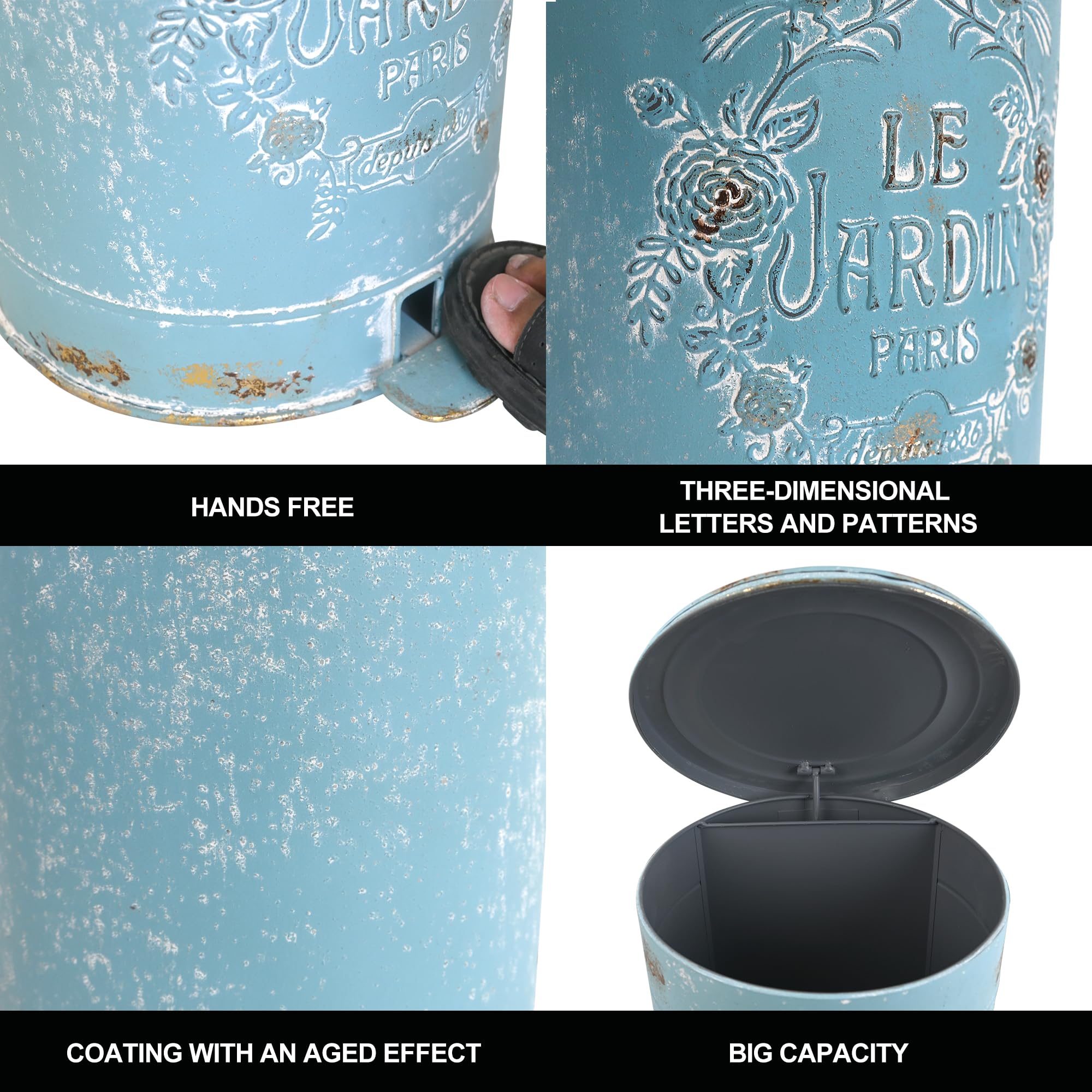 Z&Z ornamentorum Retro Kitchen Trash Can with Lid and Pedal Round Touchless Garbage Cans with Flower and Bird Patterns Outdoor Trash Can for Kitchen Park Garden,White