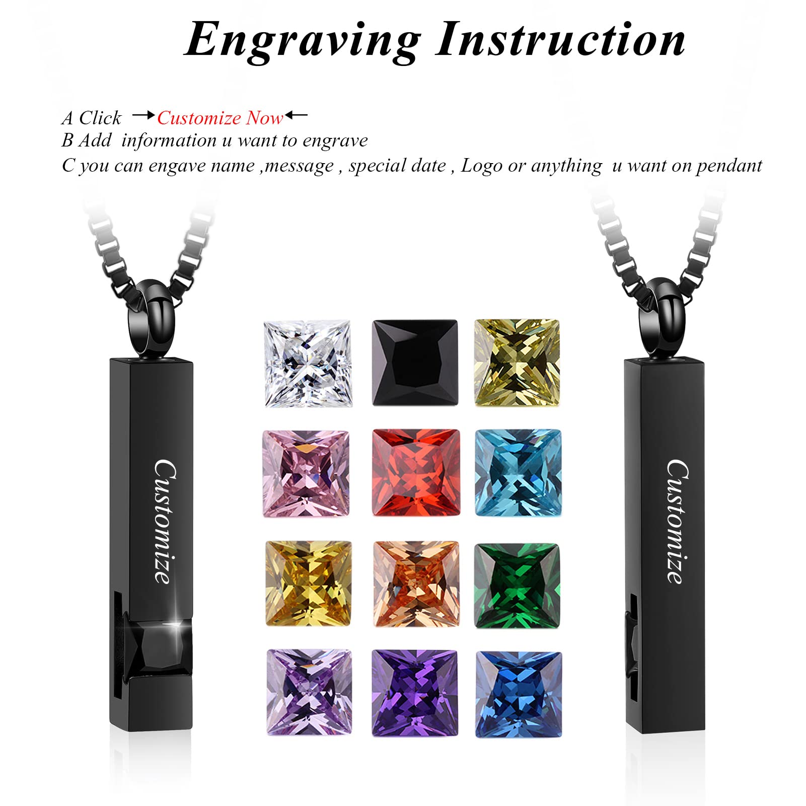 XSMZB Crystal Cremation Urn Jewelry Cube Memorial Ashes Necklace Pendant Keepsake- Black Birthstone Series(Customize)