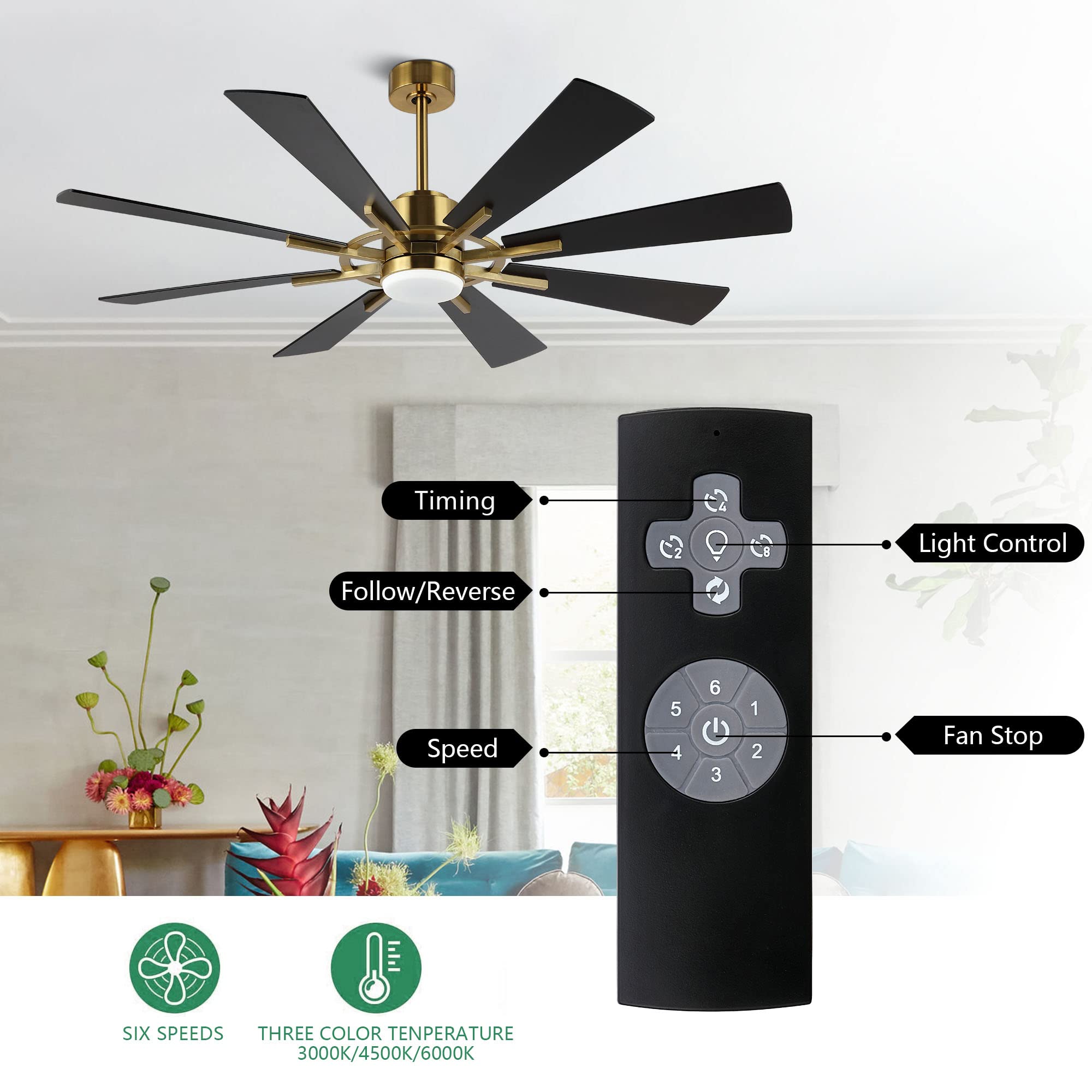 WINGBO 60" DC Ceiling Fan with Lights and Remote Control, Gold and Black Ceiling Fan, 8 Plywood Blades, 6-Speed Reversible DC Motor, Modern Ceiling Fan Indoor for Kitchen Bedroom Living Room